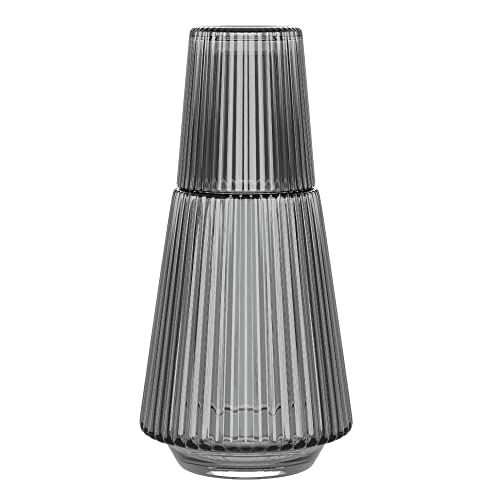 American Atelier Vintage Bedside Water Carafe with Tumbler – 37 Oz Ribbed Pitcher and Matching Drinking Glass Doubles as Lid for Guest Room, Office, or Gift, 4.5”x 9.25" (Gray)