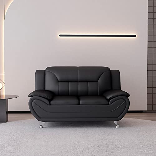 Container Furniture Direct Michael Modern Faux Leather Upholstered Stainless Steel Legs Living Room Loveseat, Black