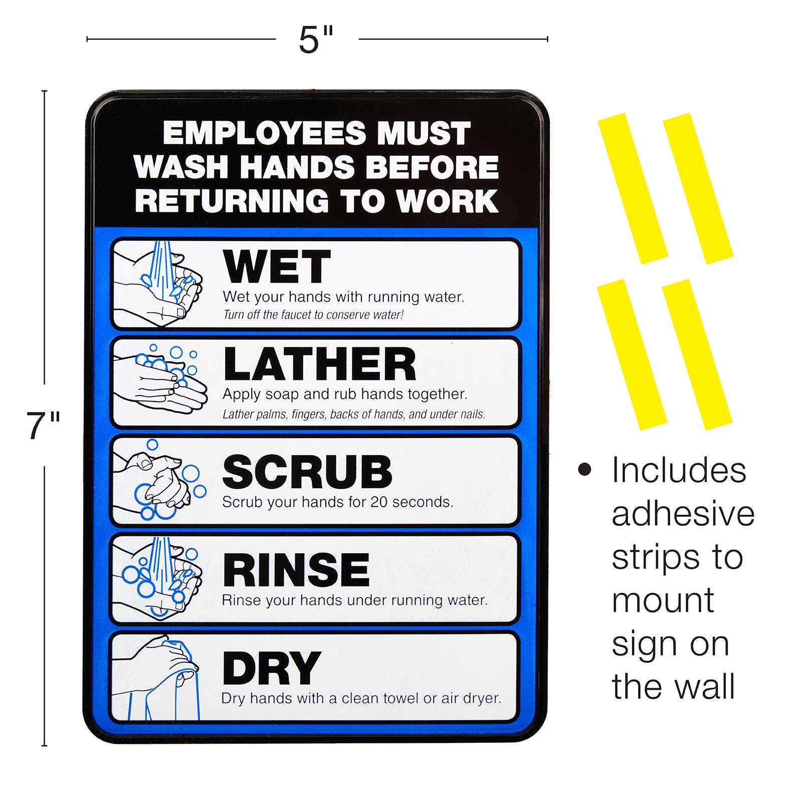 Excello Global Products Employee Must Wash Hand Sign: 5"x7" Plastic Sign for Businesses with Easy Mount Adhesive Strips (Pack of 2)