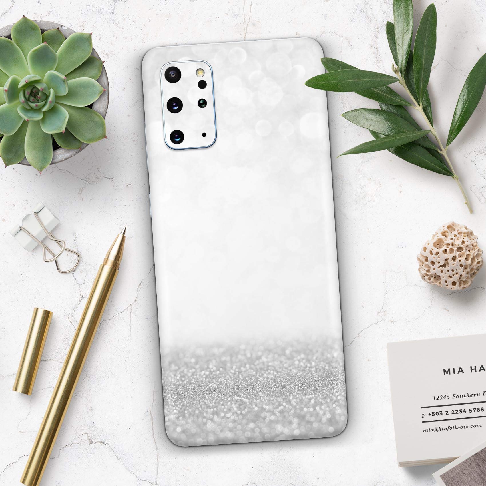 DesignSkinz Silver and White Unfocused Sparkle Orbs Protective Vinyl Decal Wrap Skin Cover Compatible with The Samsung Galaxy S20 (Screen Trim & Back Glass Skin)