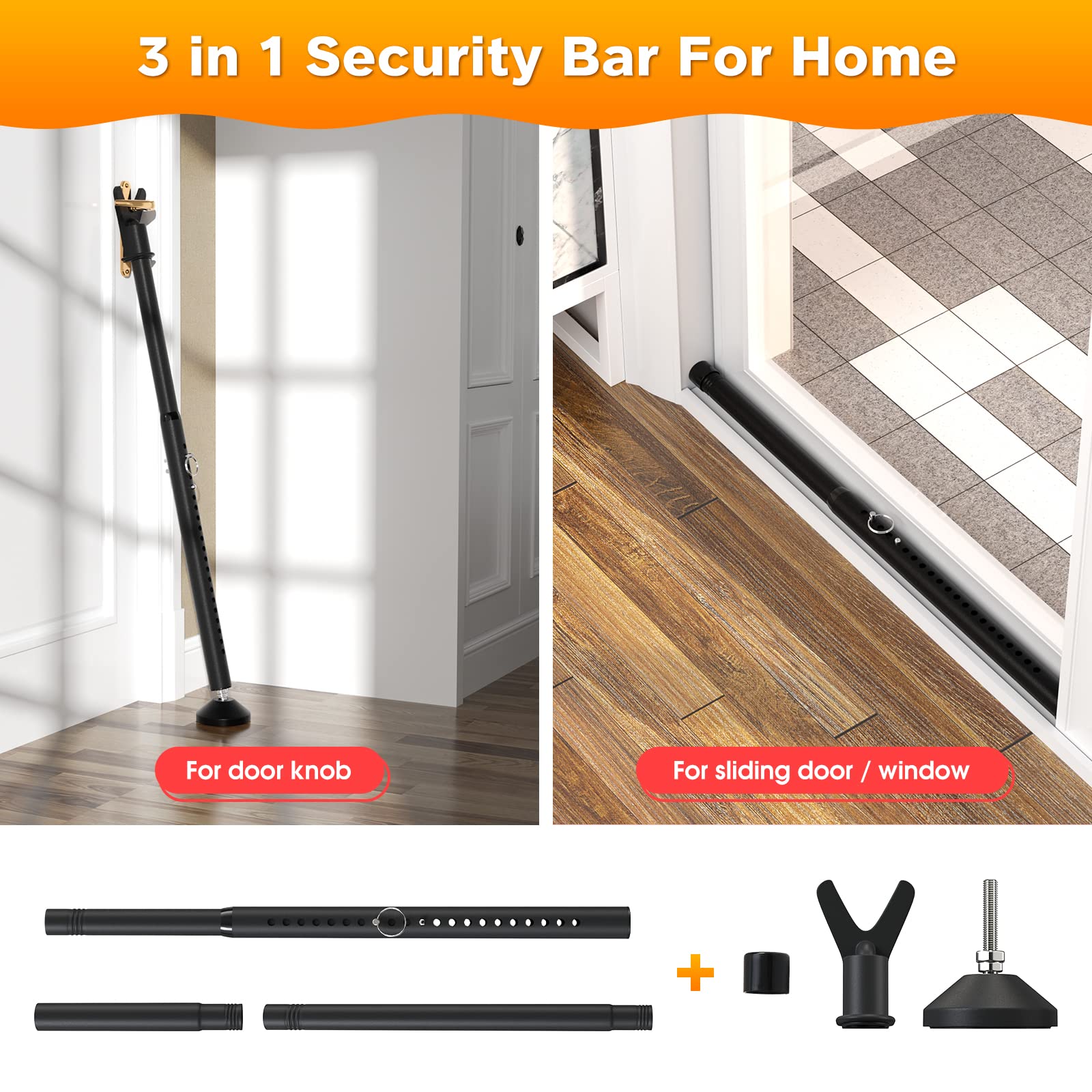 2Pack Door Security Bar for Hinged Sliding Doors and Windows,19 to 52 Inch Adjustable 3 in 1 Door Security Barricade Security Bar, Portable Home Security Door Stopper