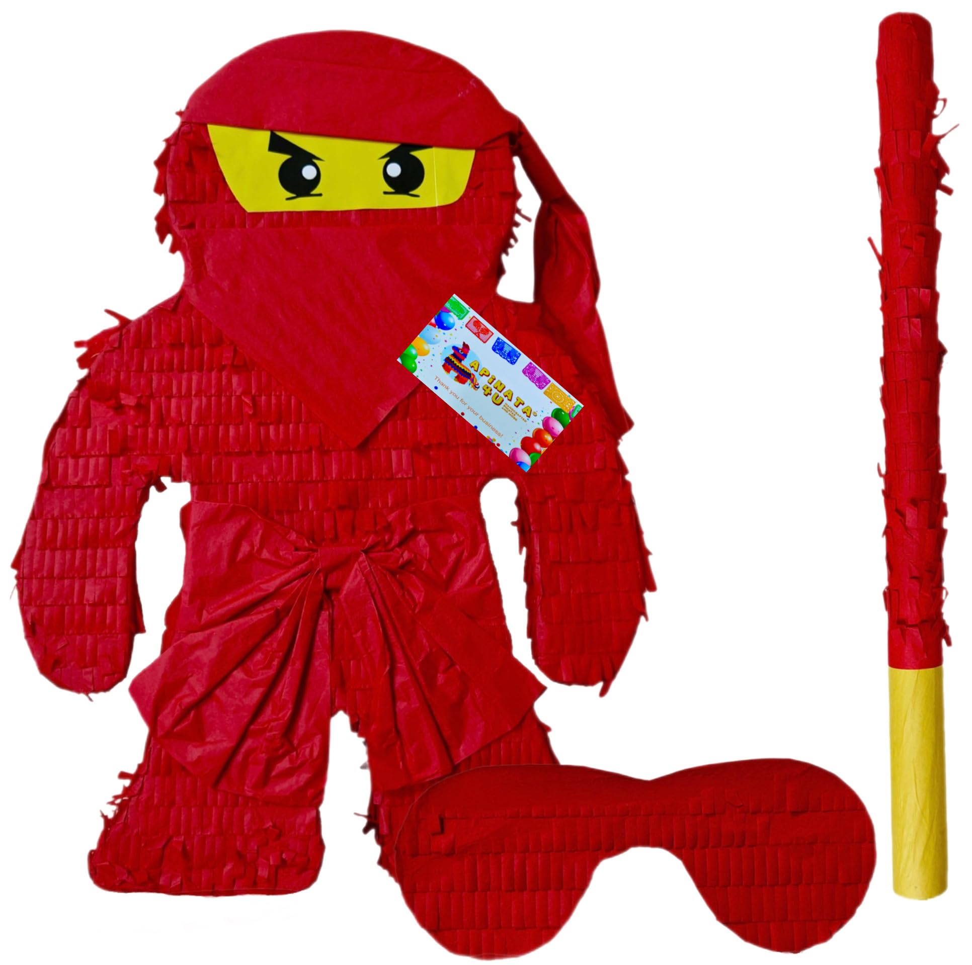 APINATA4U Red Ninja Pinata Kit (17.5x12.2x3.5 Inch) - Elevate Ninja Party Excitement with Complete Supplies, Themed Birthday Fun, Photo Prop, Decorations, Includes Stick and Mask!