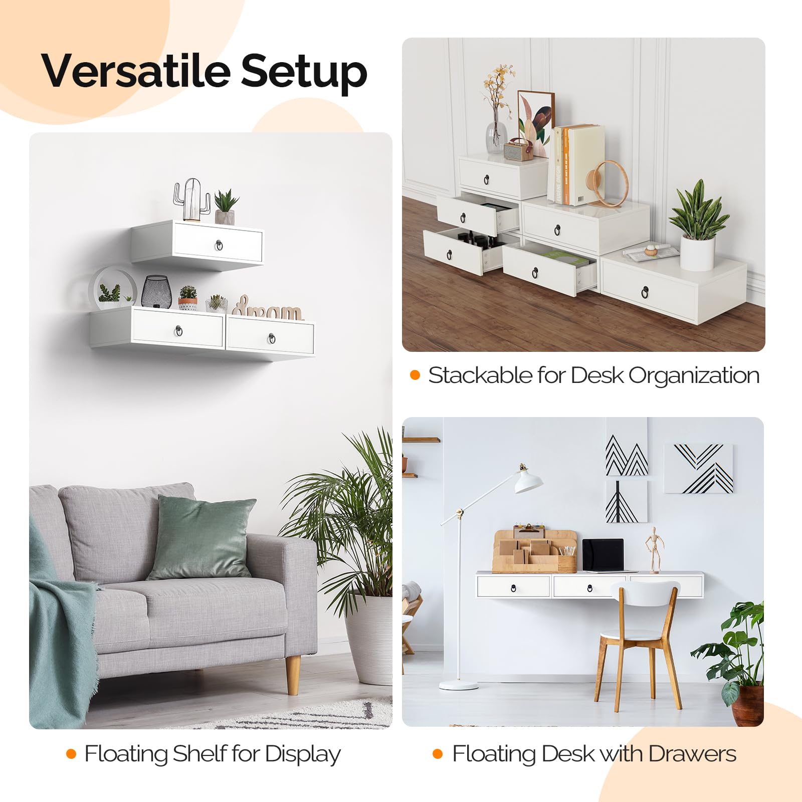 VINGLI Floating Nightstand with Drawer Set of 2, Floating Bedside Table, Wall Mounted Nightstand, Hanging Nightstand White for Bedroom, Floating Wood Night Stand/Side Table, Floating Nightstands