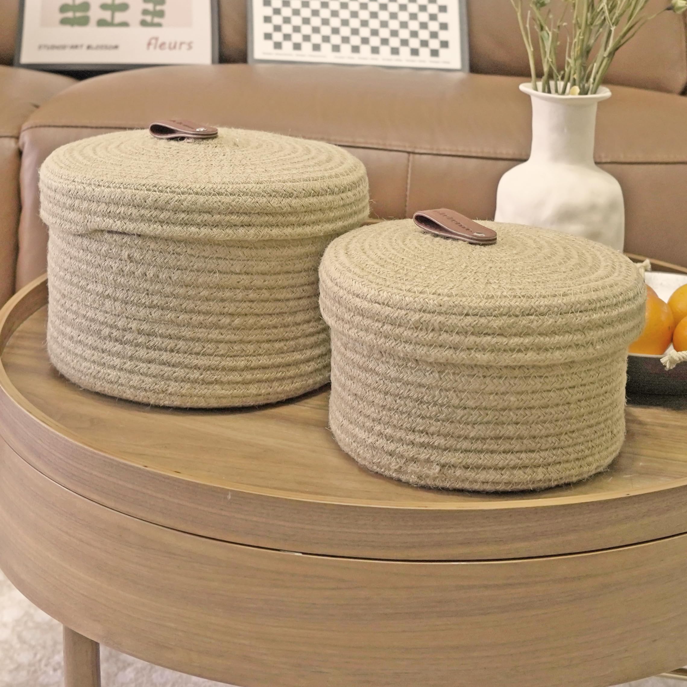 Aplolemo Jute Rope Basket with Lid,Decorative Woven Baskets with Lids,Leather Design Lidded Round Basket,Small Basket with lid,Storage Baskets with Lids-Set of 2(10"x6"/8.5"x5")