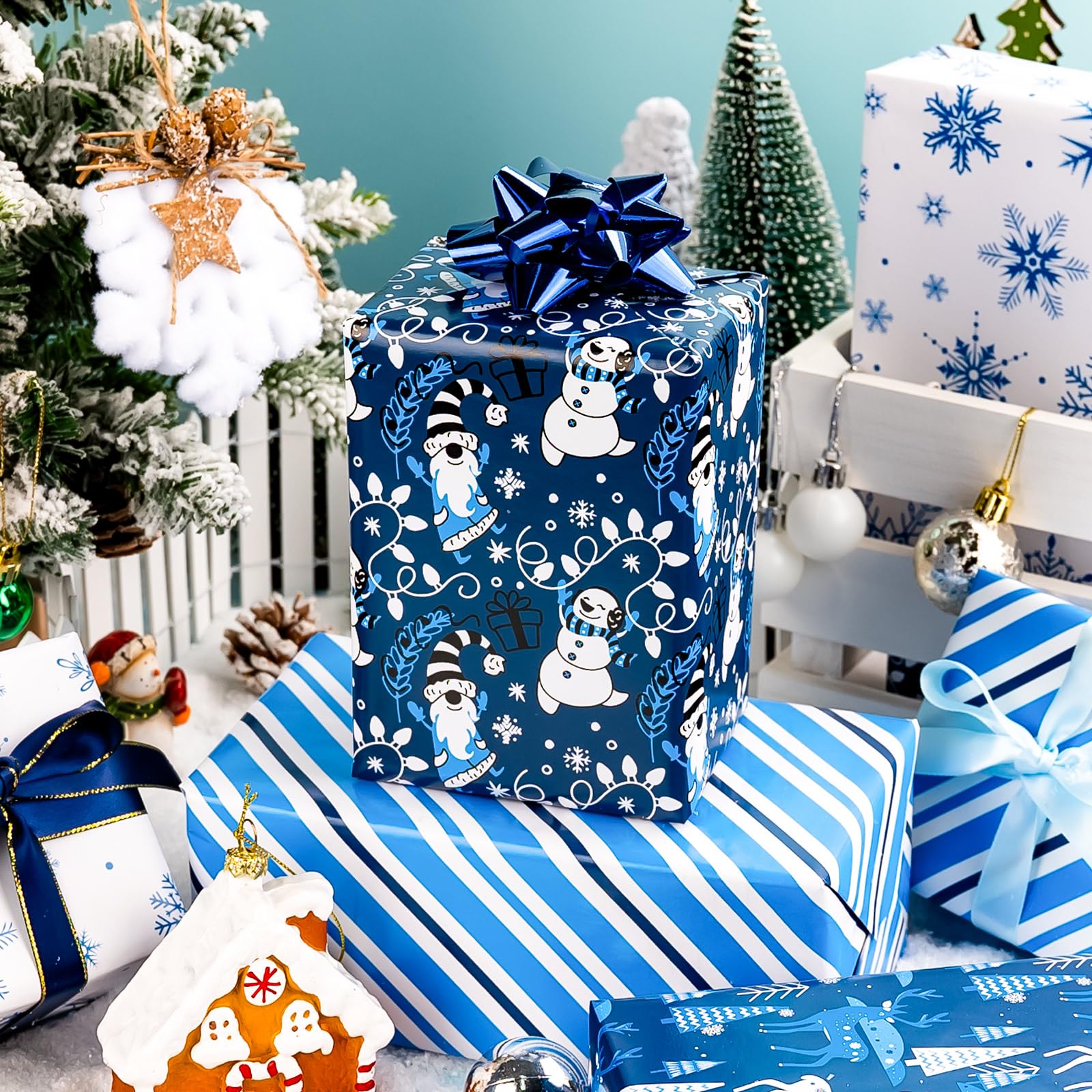 Flyhill Jumbo Christmas Wrapping Paper Bundle with Gridlines-30 In X120 In-4 Roll-Snowmen & Santa Claus & Snowflakes & Reindeer & White Stripes & Tree for New Year,Birthday,Holiday