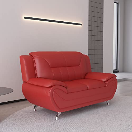 Container Furniture Direct Michael Modern Faux Leather Upholstered Stainless Steel Legs Living Room Loveseat, Red