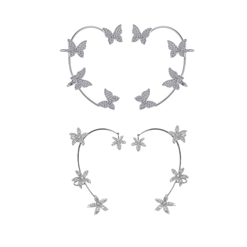 4PCS Earrings Hook Without Pierced Ear Bone Clip Butterfly Flower Ear Clips Set (Butterfly Flower Set 2)