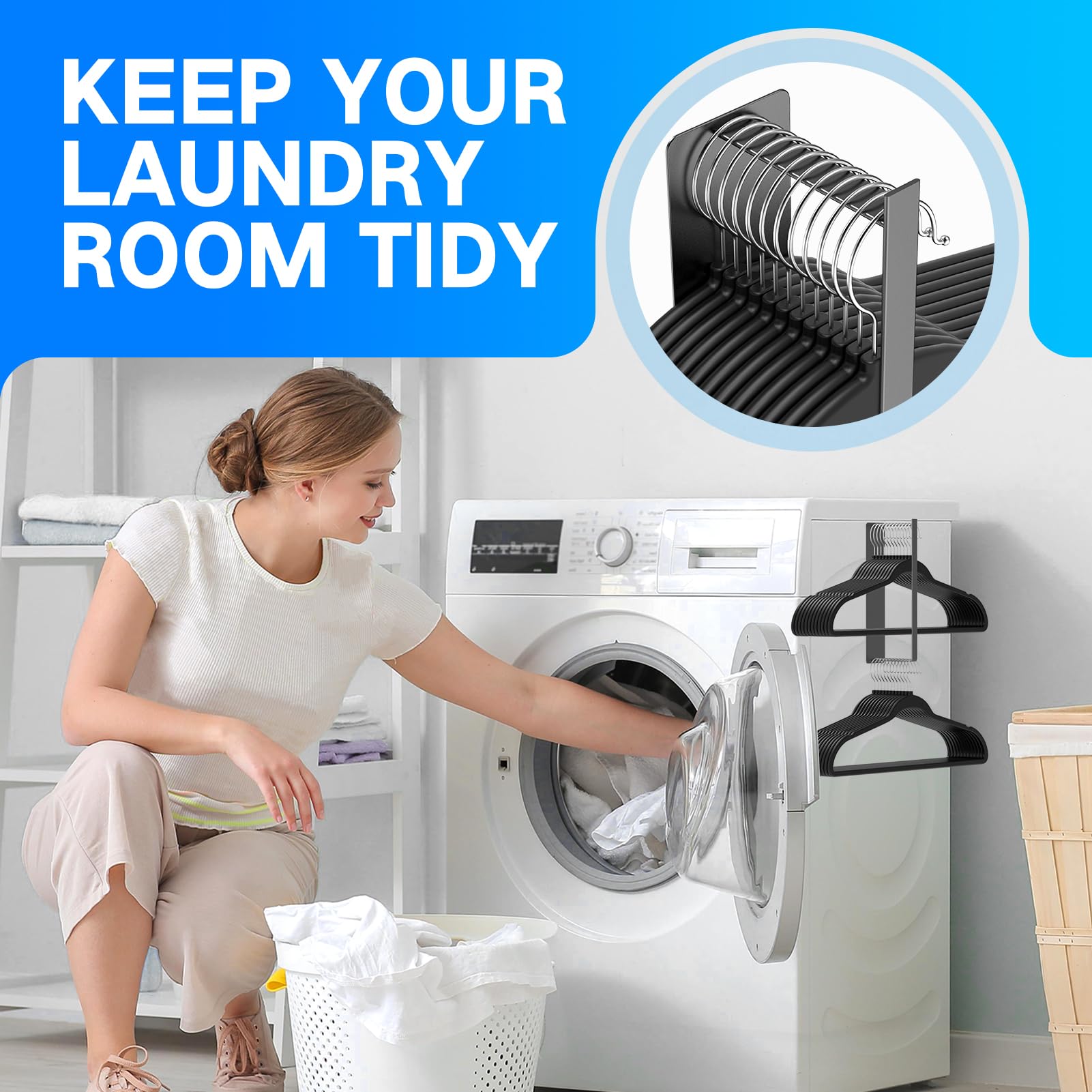 LECTRUS Powerful Magnetic Hanger Organizer Stacker- Easy Install for Dryer and Washer, Space Saving Hanger Holder for Your Laundry Room, Durable Premium Metal Material Hanger Stand, Black (White)
