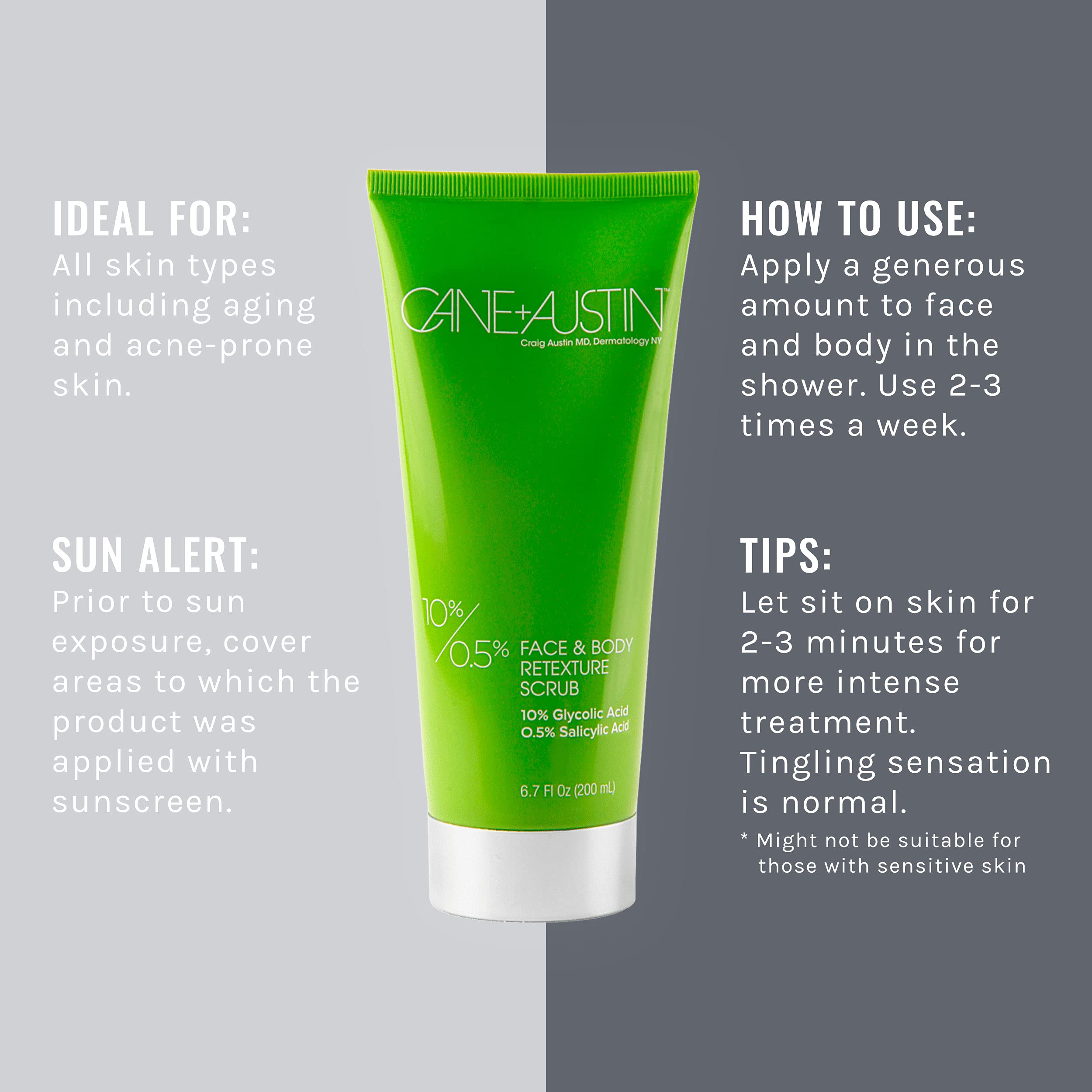CANE + AUSTIN Face + Body Glycolic Acid Scrub Treatment, Exfoliating Cleanser with AHA to Hydrate, Smooth & Clarify Skin, For use on Combination and Oily Skin, 6.7 fluid ounce