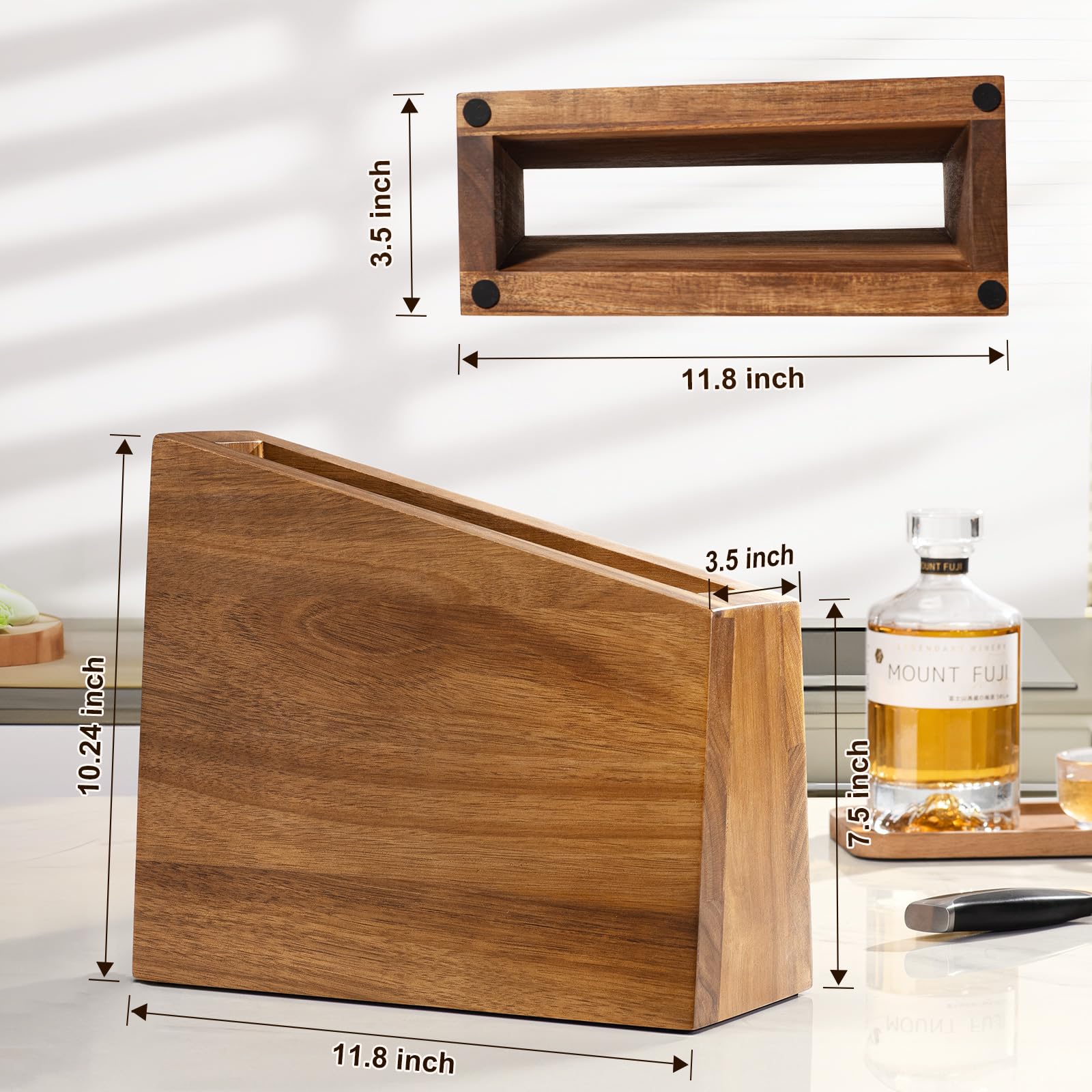 Acacomft Large Magnetic Knife Block 11.8x10 inches, 4-Side Universal Knife Holder Builted in Powerful Magnet, Natural Acacia Wood Knife Storage Organizer for Kitchen Display
