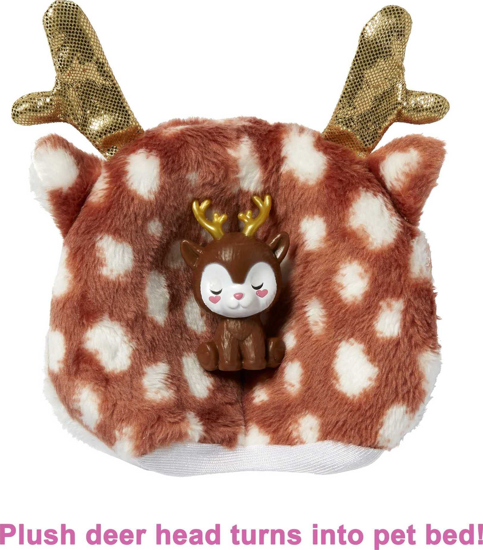 Barbie Cutie Reveal Doll, Snowflake Sparkle Series Deer Plush Costume, 10 Surprises Including Mini Pet & Color Change