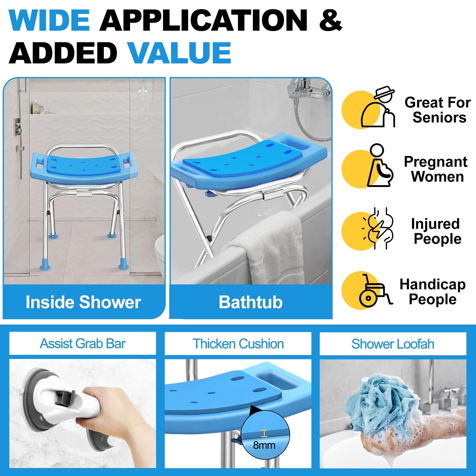 Medhelp Upgraded Folding Shower Chair, Stainless Steel Foldable Shower Seat for Inside Bathtub, Lightweight & Portable Travel Shower Stool, Anti-Slip Feet Bath Chairfor Elderly, Disabled, Injured