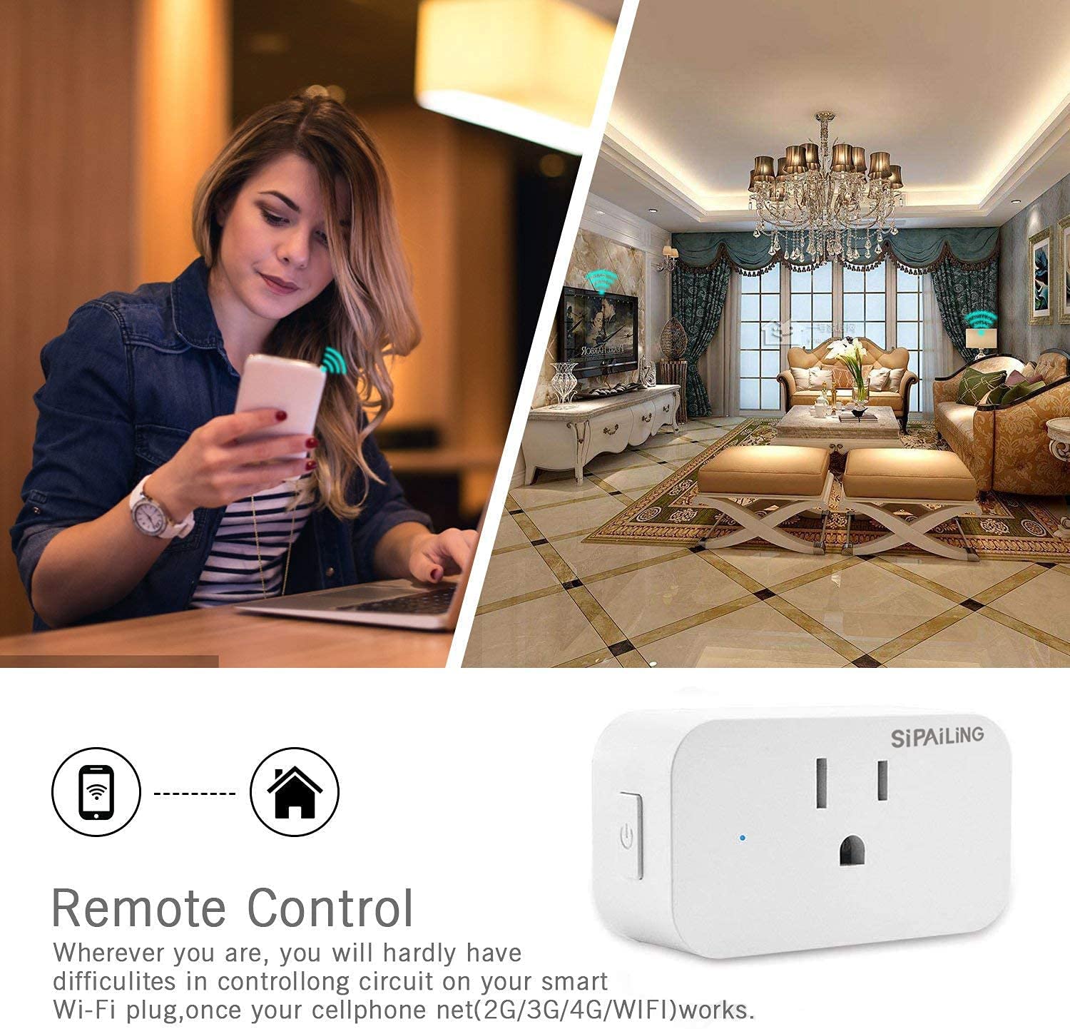 APP Updated SIPAILING 15A WiFi Smart Plugs Outlets, Mini Smart Socket Compatible with Alexa Echo Google Home, no hub Required -Timer Scene Setting Function(1pcs)