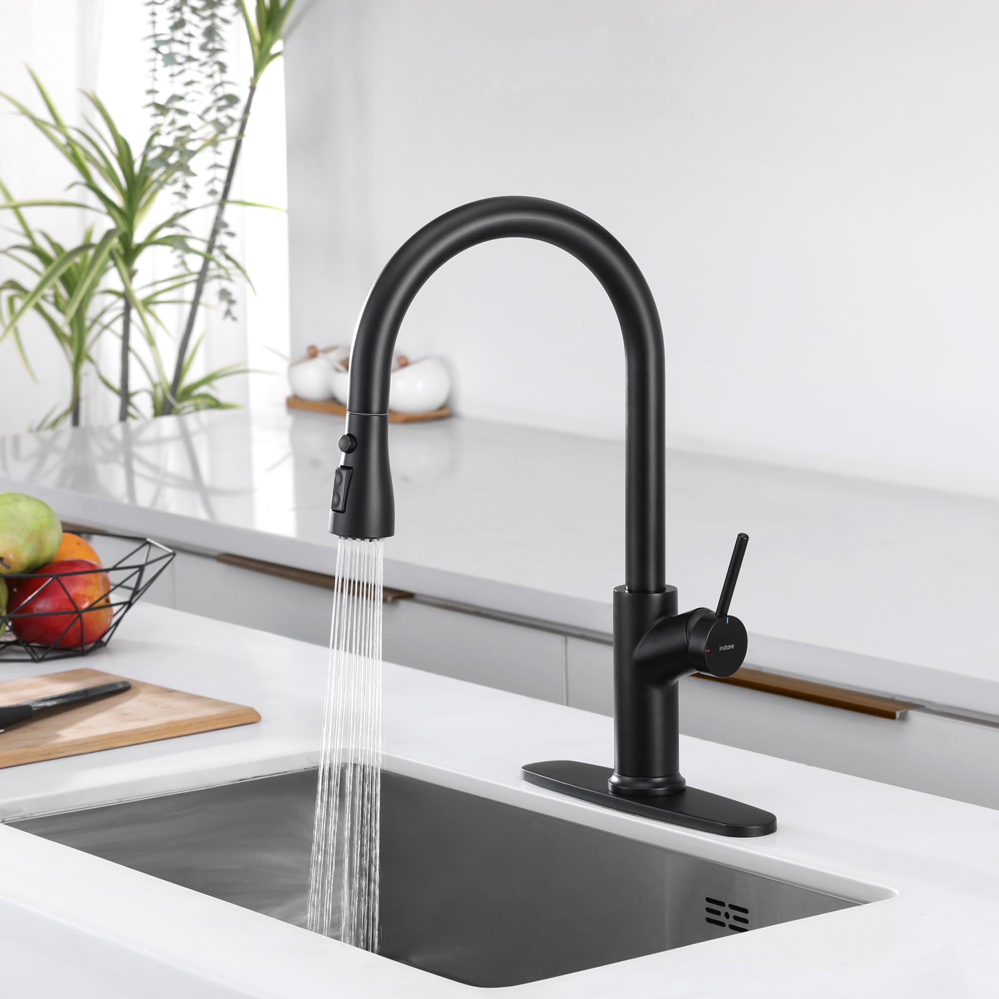 Indare Kitchen Faucets, Kitchen Faucet with Pull-Down Sprayer, Matte Black Kitchen Faucet with Deck Plate, Kitchen Faucet with Sprayer