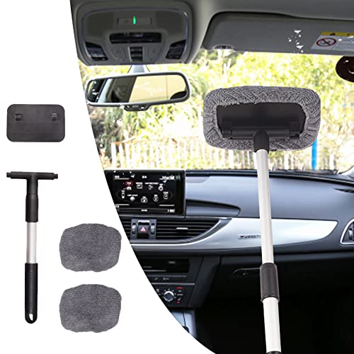 Pincuttee Car Windshield Cleaner Tool,Microfiber Car Window Cleaning Tool with Extendable Handle and Washable Reusable Cloth Pad,Auto Inside Glass Wiper Kit(Gray,1PC)