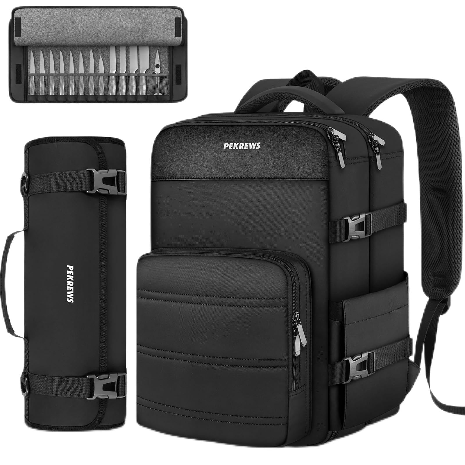 PEKREWS Chef Backpack with Knife Roll Bag, 40+ Slots Pockets for Knives Laptop and Kitchen Utensils Storage, Water-resistant Professional Chef Knife Case Gifts for Men and Women, Black
