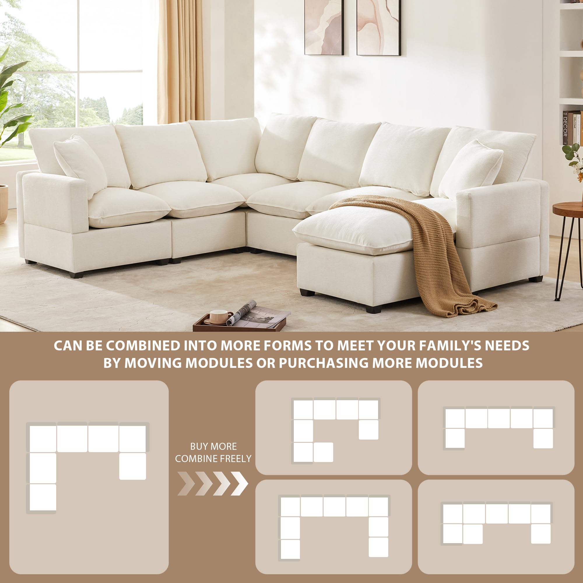 Tmsan 110" Chenille U Shaped Modular Sofa Cloud Couch, Modern 7 Seater Sectional Couch Set with 2 Pillows for Living Room Bedroom Apartment Office
