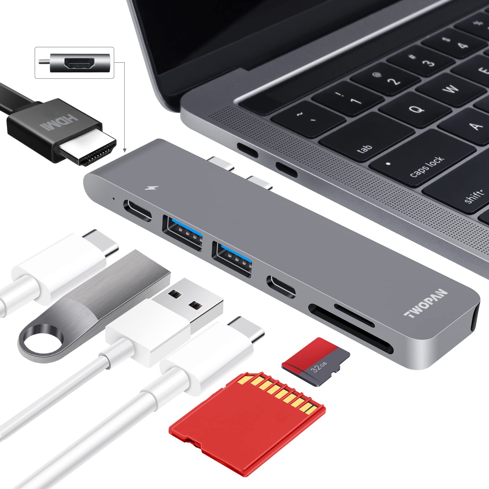 TWOPAN USB C Hub for MacBook Pro, 7 in 2 USB C to 4K HDMI Multiport Adapter, Thunderbolt PD Port, USB 3.0 Ports, SD/TF Card Reader for MacBook Air/Pro 2020/2019/2018