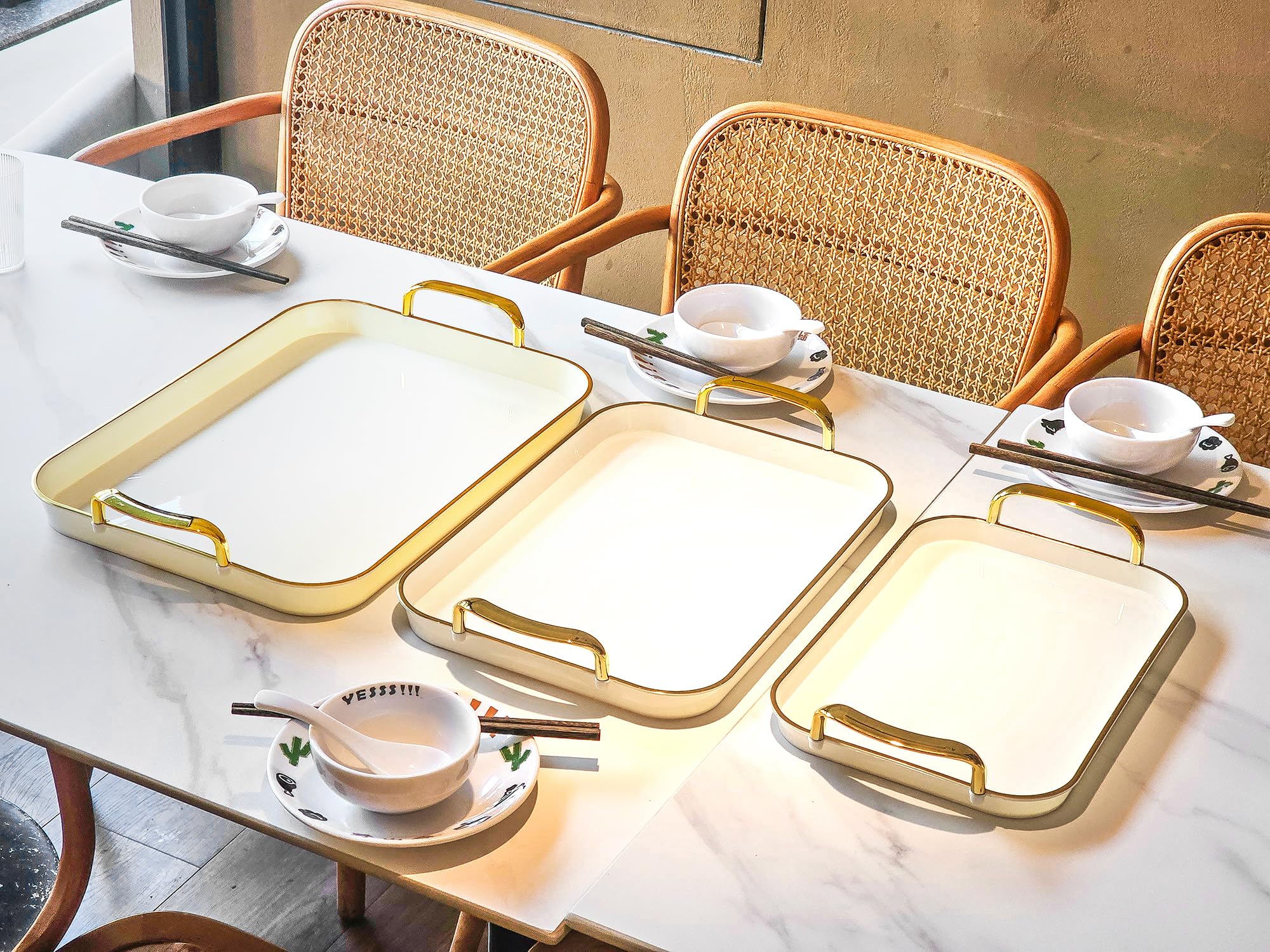Aayoruro Serving Tray with Handles Set of 3 Rectangular Large Serving Platters 18.3/16.7/14.8 Inch White Plates for Dinner, Party, Entertaining