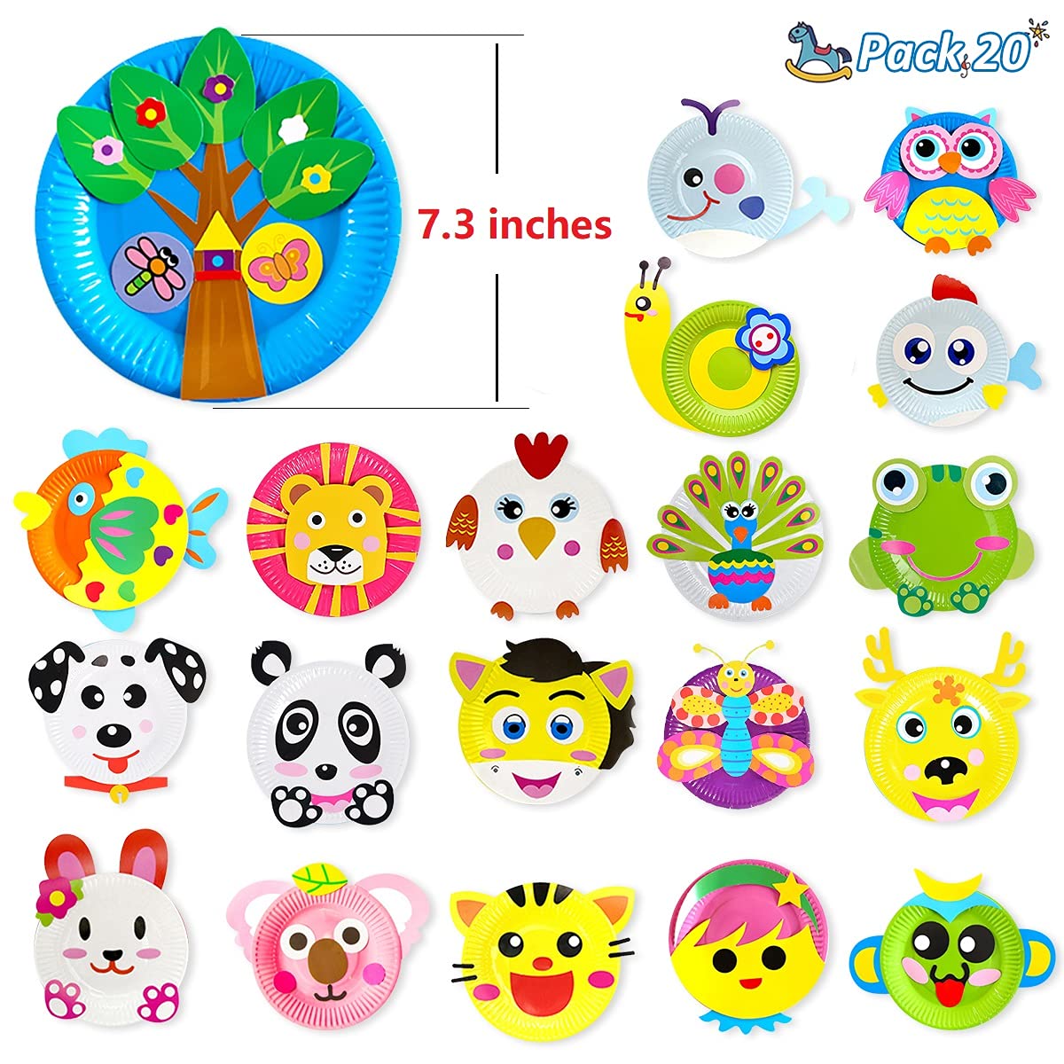 Vinlon Paper Plate Art Kits, 20 Packs Recognize Animals Assembling Project Creative Crafts Toys for Boys and Girls Birthday Christmas Holiday Gifts