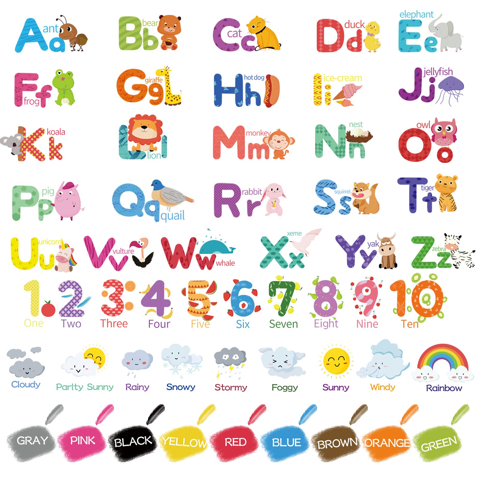 6 Sheets Colorful Alphabet Number Wall Decals Weather Learning Educational Wall Decals Peel and Stick Alphabet Wall Stickers Educational Classroom Stickers for Kids Playroom Bedroom Wall Stickers