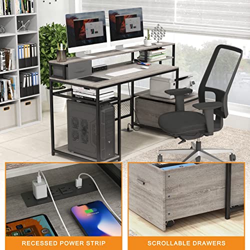 AYEASY Home Office Desk with Monitor Stand Shelf, 66 inch Large Computer Desk with Power Outlet and USB Charging Port, Computer Table with Drawers and Storage Shelves, Study Writing Desk, Wash Gray