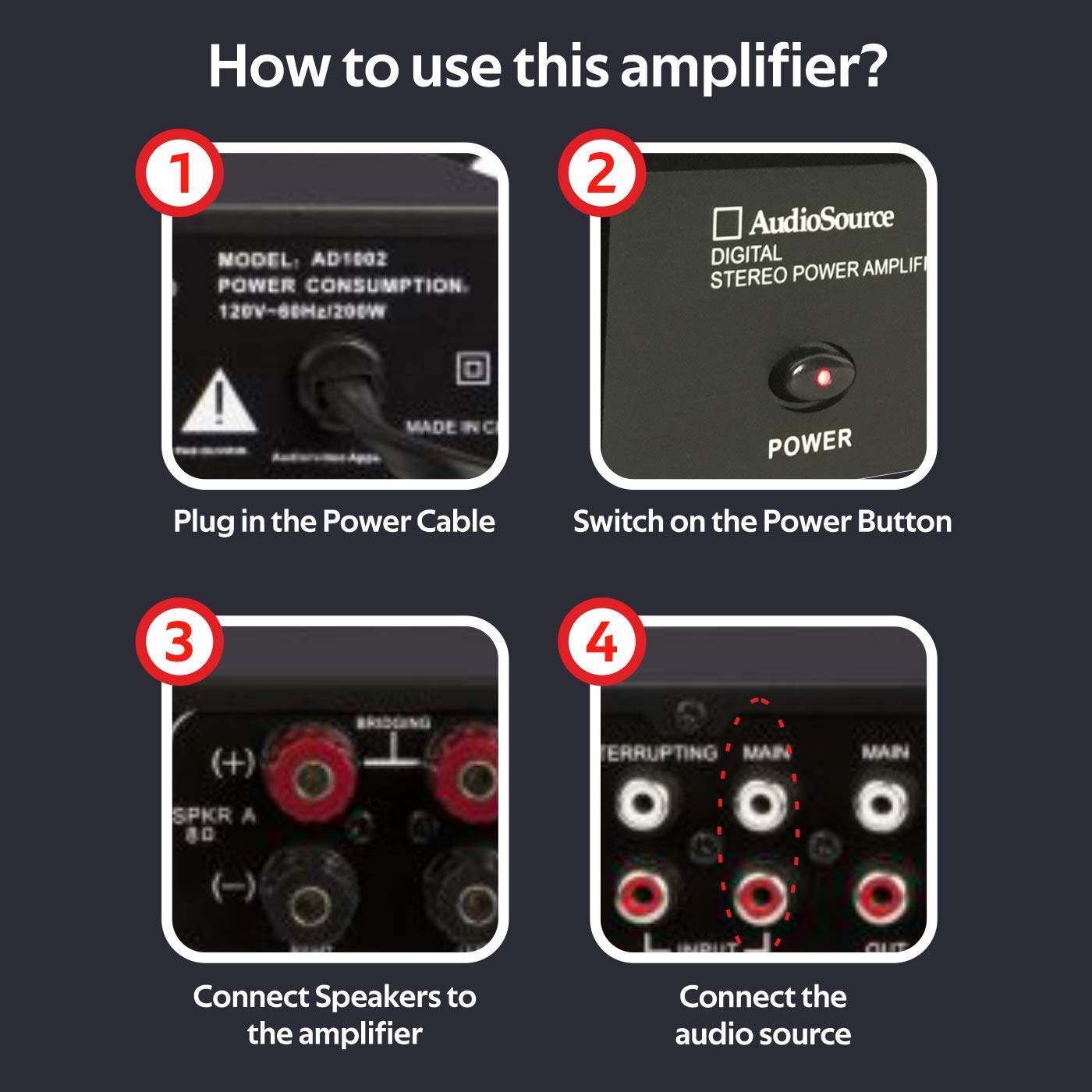 AudioSource Digital Amplifier, 2 Channel Stereo Power D Amplifier AD1002 for Home Sound Systems