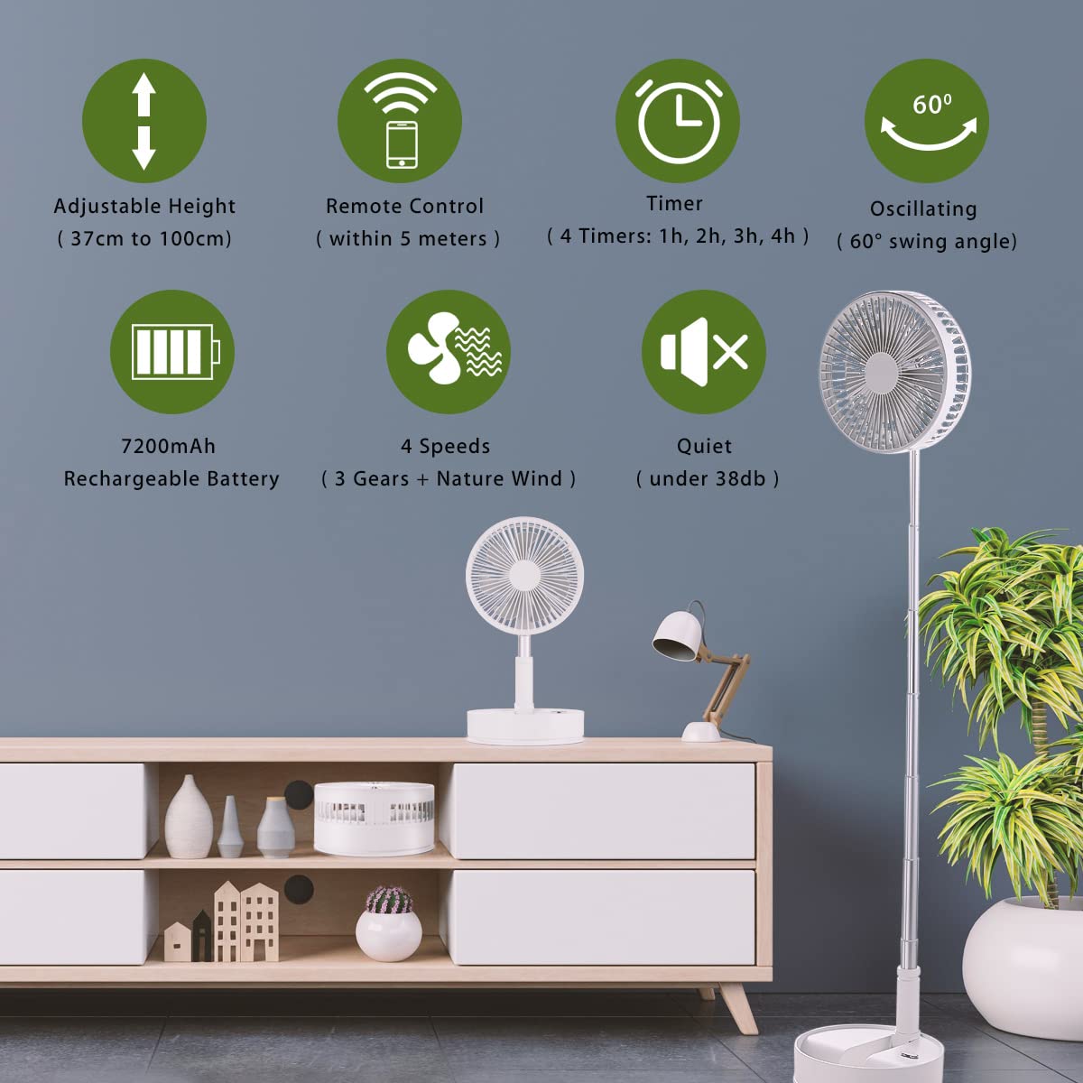 EZYDAYYI Rechargeable Battery Operated Fan for Bedroom, 7200 mAh 8 inch Foldable Oscillating Fan with Remote and Timer, 4 Speeds Portable Floor Standing Fan Small Table Desk Fan for Travel Camping