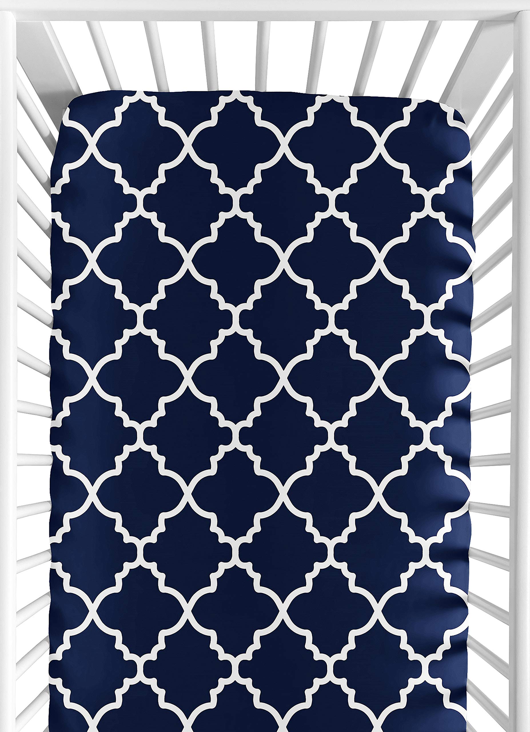 Navy Blue and White Modern Baby or Toddler Fitted Crib Sheet for Trellis Lattice Collection by Sweet JoJo Designs