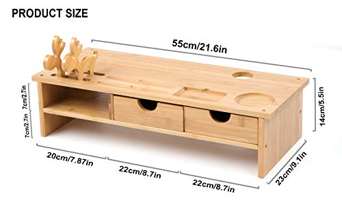 Monitor Stand Riser Desk Organizer-Bamboo 2 Tier Laptop Stand with Drawers, Adjustable Desktop Storage Organizer for Computer, Printer, Cellphone-Use in Office,Home/Reduce Neck &Eye Strain(Fawn)