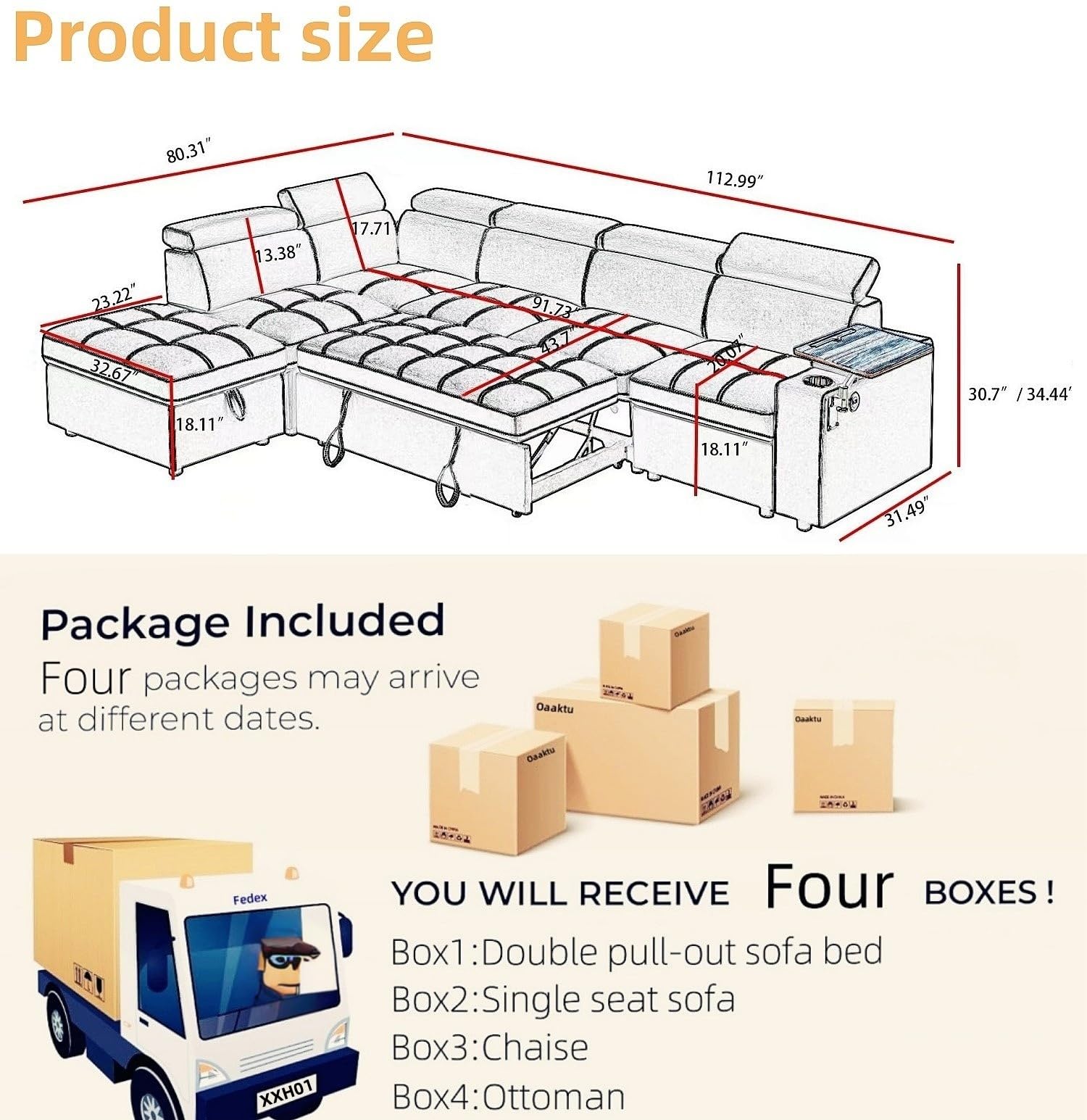 65'' Sleeper Sofa with Pull Out Bed, Convertible Sofa Couch for Living Room, Adjustable Backrest Sleeper Couch with 360 Degree rotatable Side Table for Living Room,RV