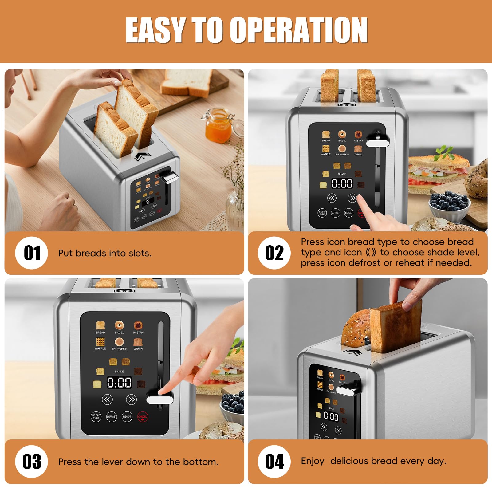 WUNLY Touch screen Toaster slice, Stainless Steel Digital Timer Toaster with Sound Function, 6 Bread Types & 6 Shade Settings, Smart Extra Wide Slots Toaster with Bagel, Defrost Functions