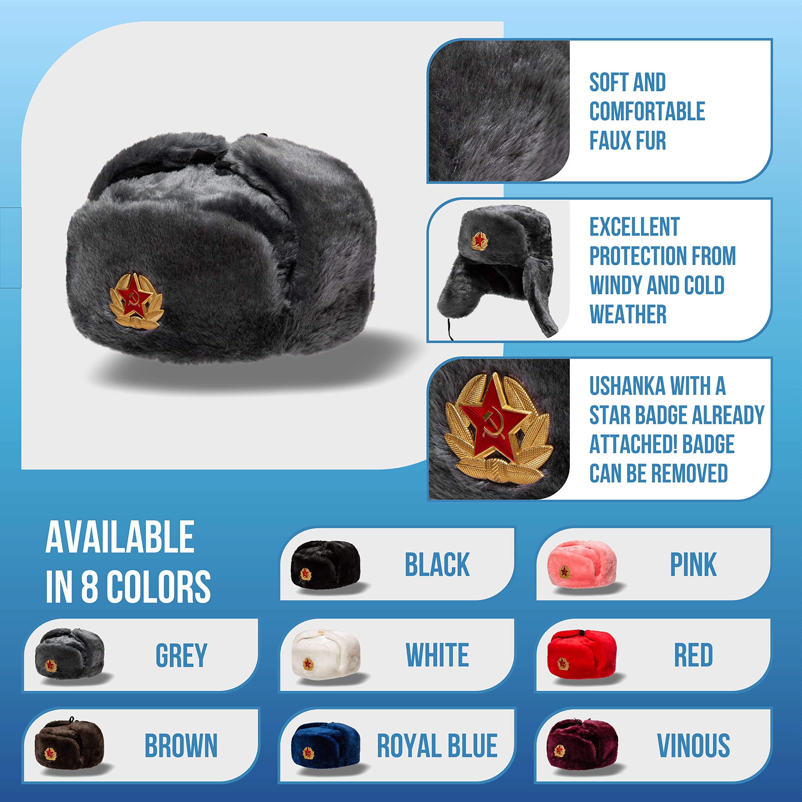 BELEON Ushanka Russian Fur Hat - Soviet Army Trapper Hat - Winter Hat