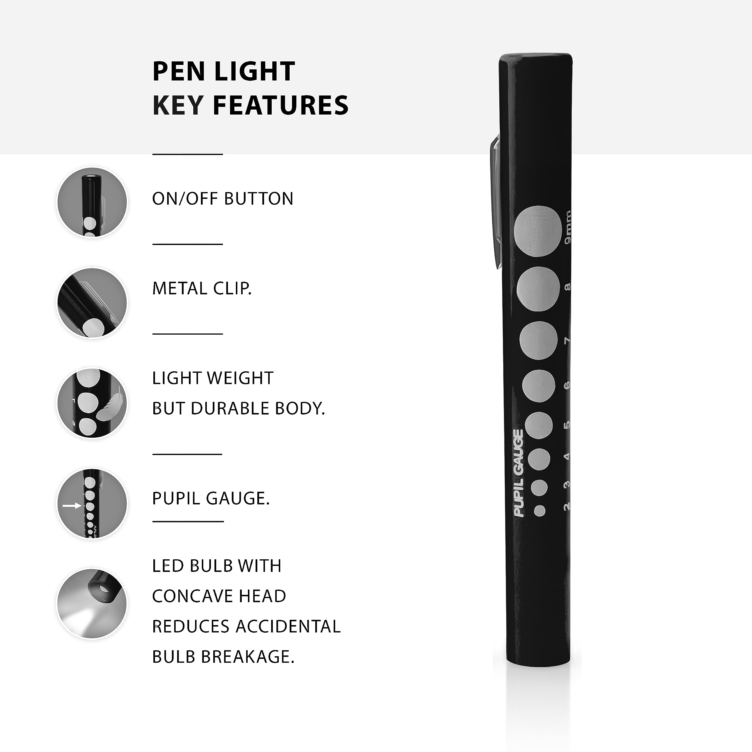 DEXSUR Pupil Gauge Penlight, Lightweight and Moulded Plastic Body, Clip-on Design, Disposable, Pack of 6 Pcs, Black