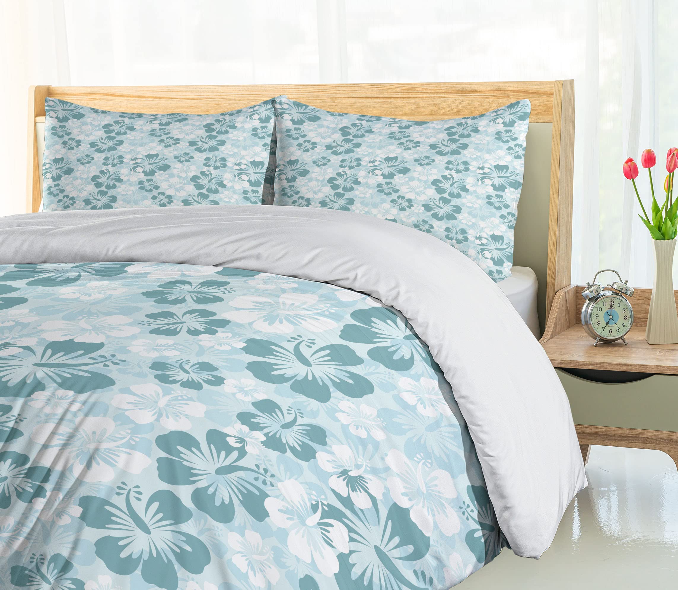 Ambesonne Hawaiian Duvet Cover Set, Rainforest Sea Coasts Palm Trees Happy Times Simple Monochromic Art, Decorative 3 Piece Bedding Set with 2 Pillow Shams, Queen Size, Blue White