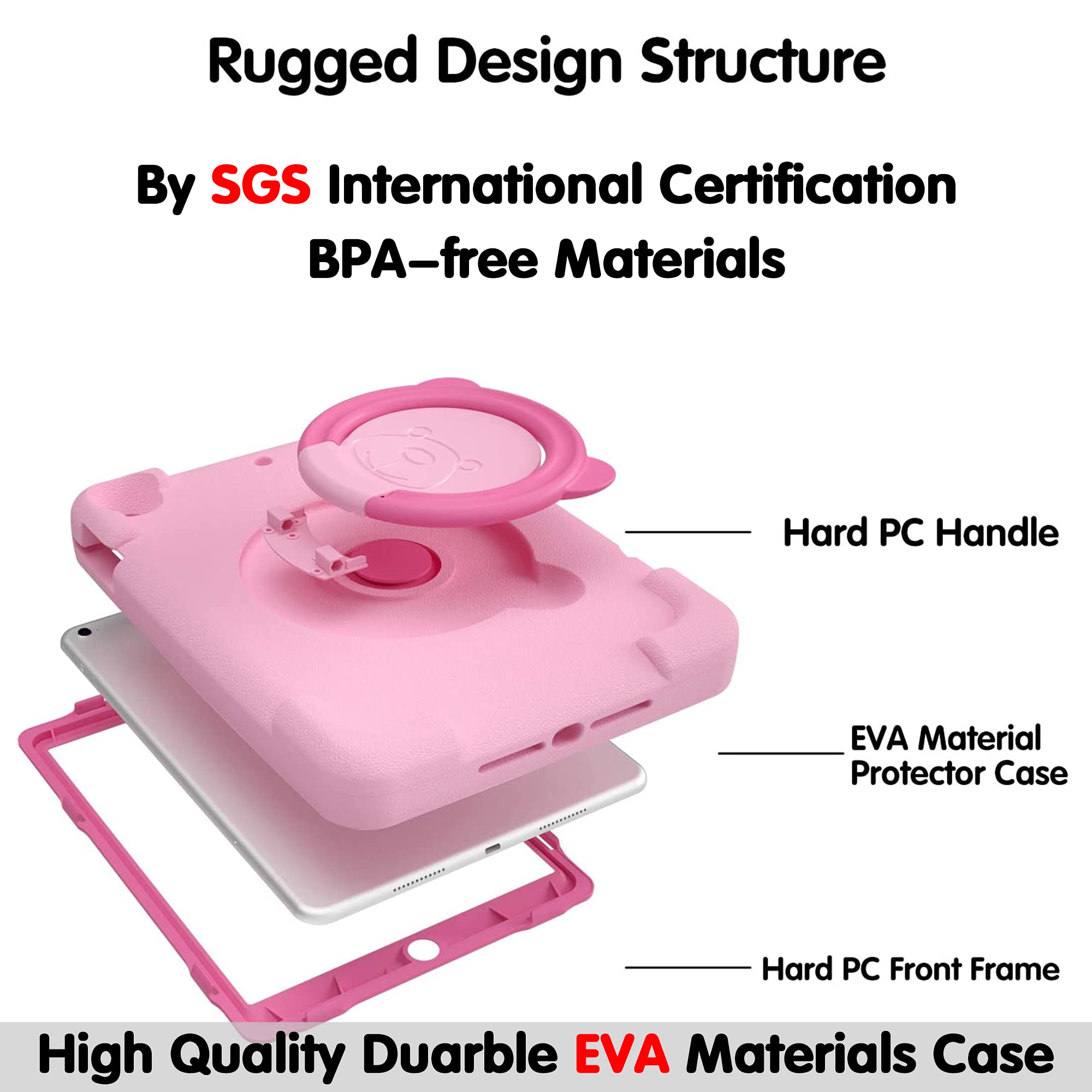 PZOZ iPad Kids Case Compatible for Apple iPad Air 1/2 / 6th Generation 2018 / 5th Gen 2017 9.7 inch, EVA Shockproof Rotate Handle Folding Stand Heavy Duty Protective Cute Cover for Boys Girls (Pink)