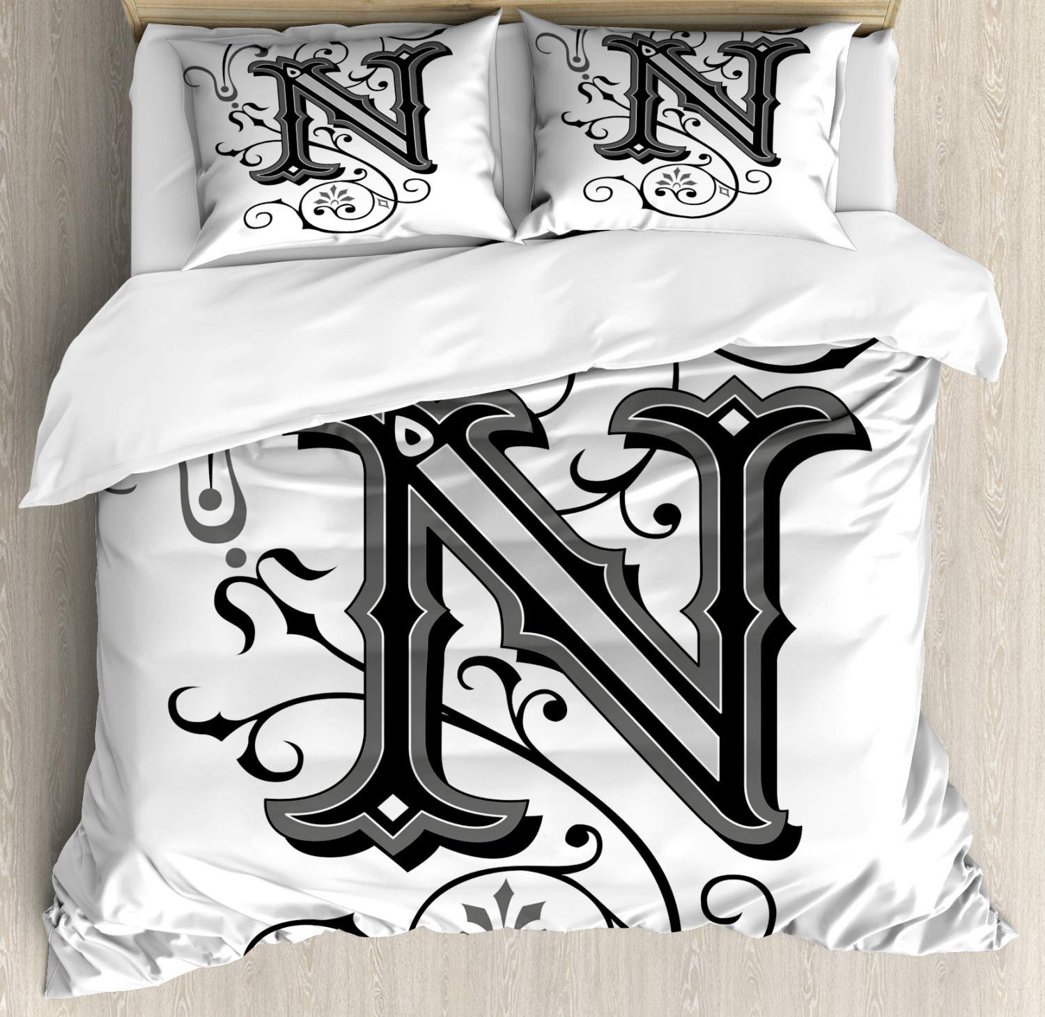 Ambesonne Letter N Duvet Cover Set, Middle Ages Inspired Capital N Abstract Elements Black Dark Colored Palette, Decorative 3 Piece Bedding Set with 2 Pillow Shams, California King, Black Grey White