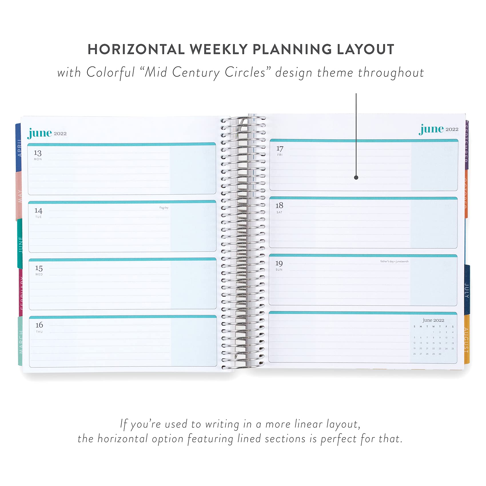7” x 9” 12 Month Spiral Bound Life Planner ( Jan 2022 – Dec 2022 ) – Hello Kitty Metallic Asterisks Cover + Mid Century Circles Interior Pages. Horizontal Weekly and Monthly Agenda by Erin Condren.