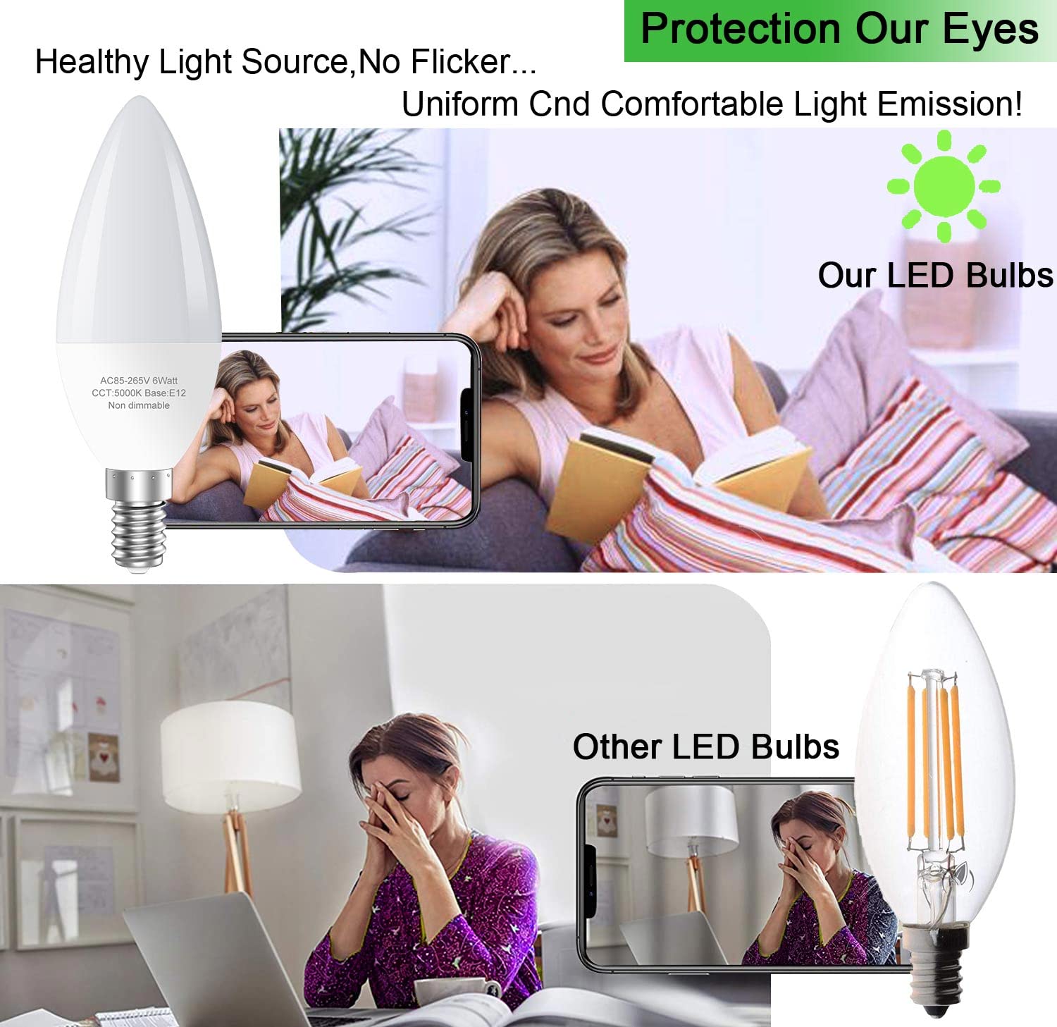 6-Pack E12 LED Ceiling Fan Light Bulbs, 60 Watts Equivalent Candelabra LED Light Bulbs, Type B Light Bulb for Chandelier, Candle Lightbulbs, Non-Dimmable, 5000K Daylight, 6 Pcs