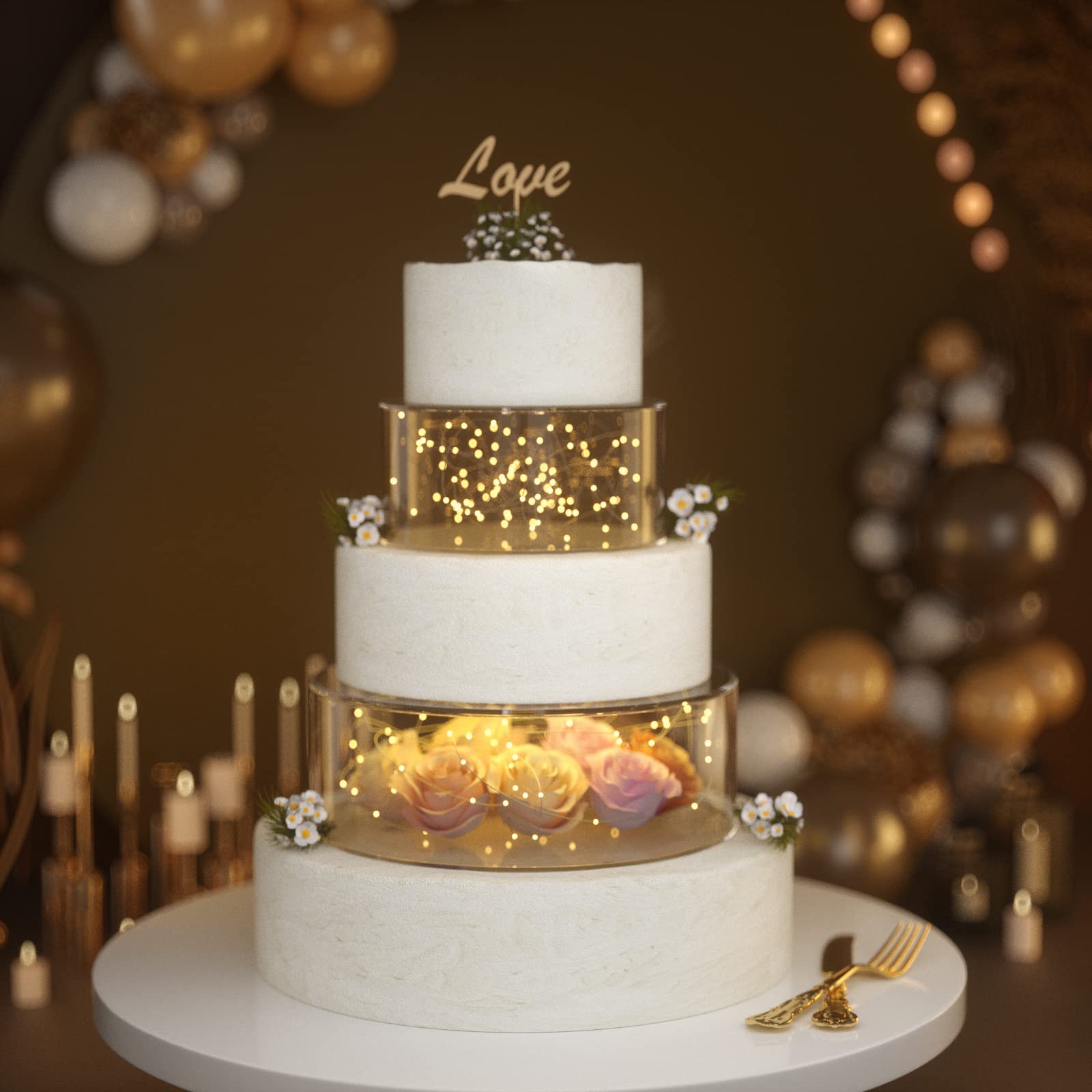 2PCS Acrylic Fillable Cake Stand Cake Riser Cake Tier, Round Cylinder Display Riser Display Box, Decorative Centerpiece for Wedding Birthday Party (10" Dx4 H inch, 6" Dx4 H inch, 2M LED Lights)