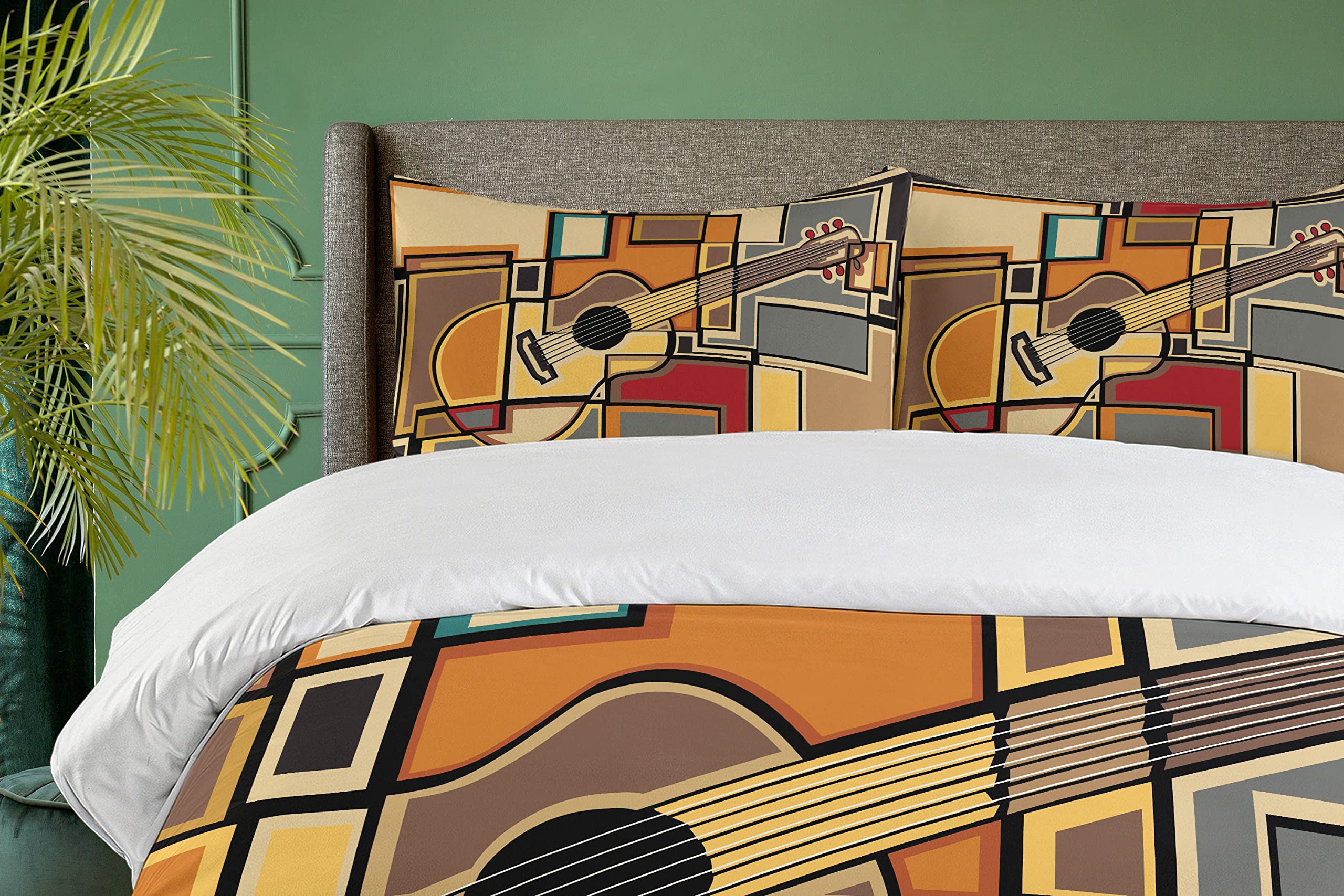 Ambesonne Music Duvet Cover Set, Funky Fractal Geometric Square Shaped Background Acoustic Guitar Art, Decorative 3 Piece Bedding Set with 2 Pillow Shams, King Size, Pale Yellow