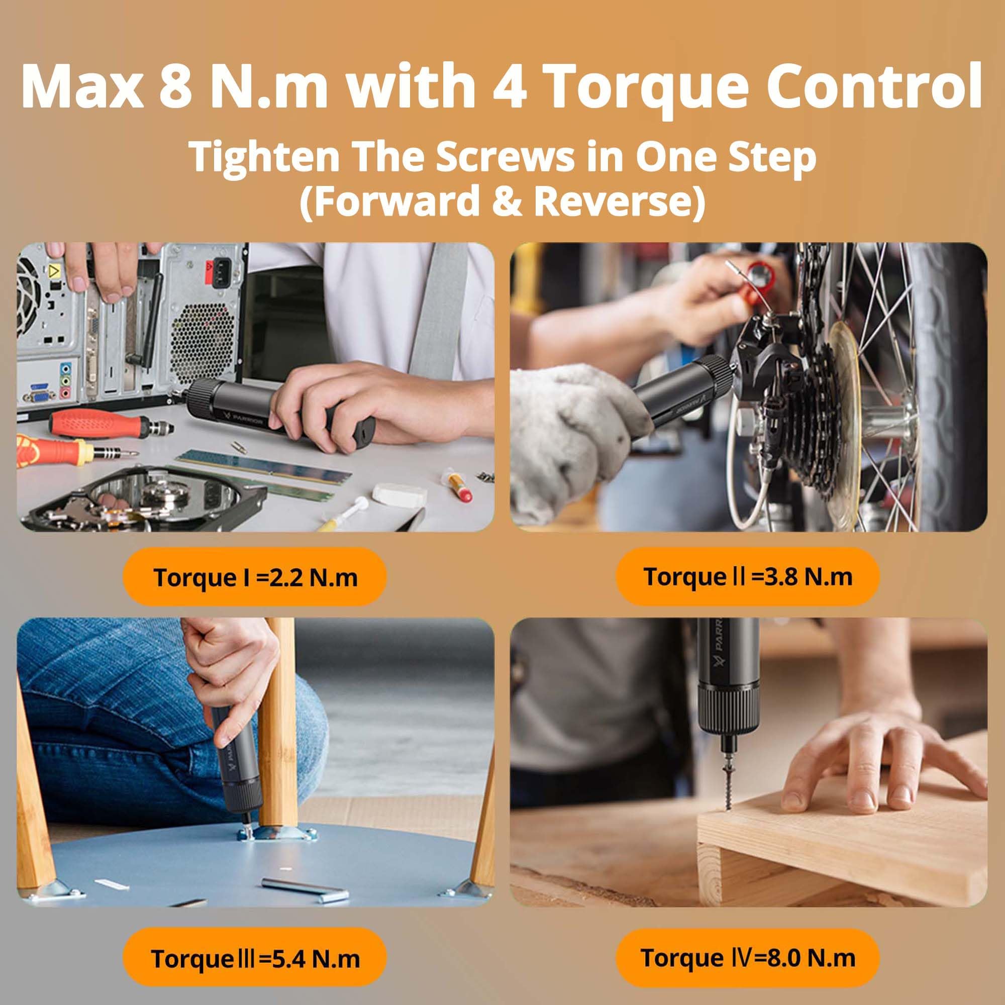 PARRIOR High-Torque Max 8 N.m with 4 Torque Control Electric Cordless Screwdriver Rechargeable 2200 mAh Large Battery Automatic Power Screwdriver with LED Work Light and USB-C Cable 3.6V/260 RPM