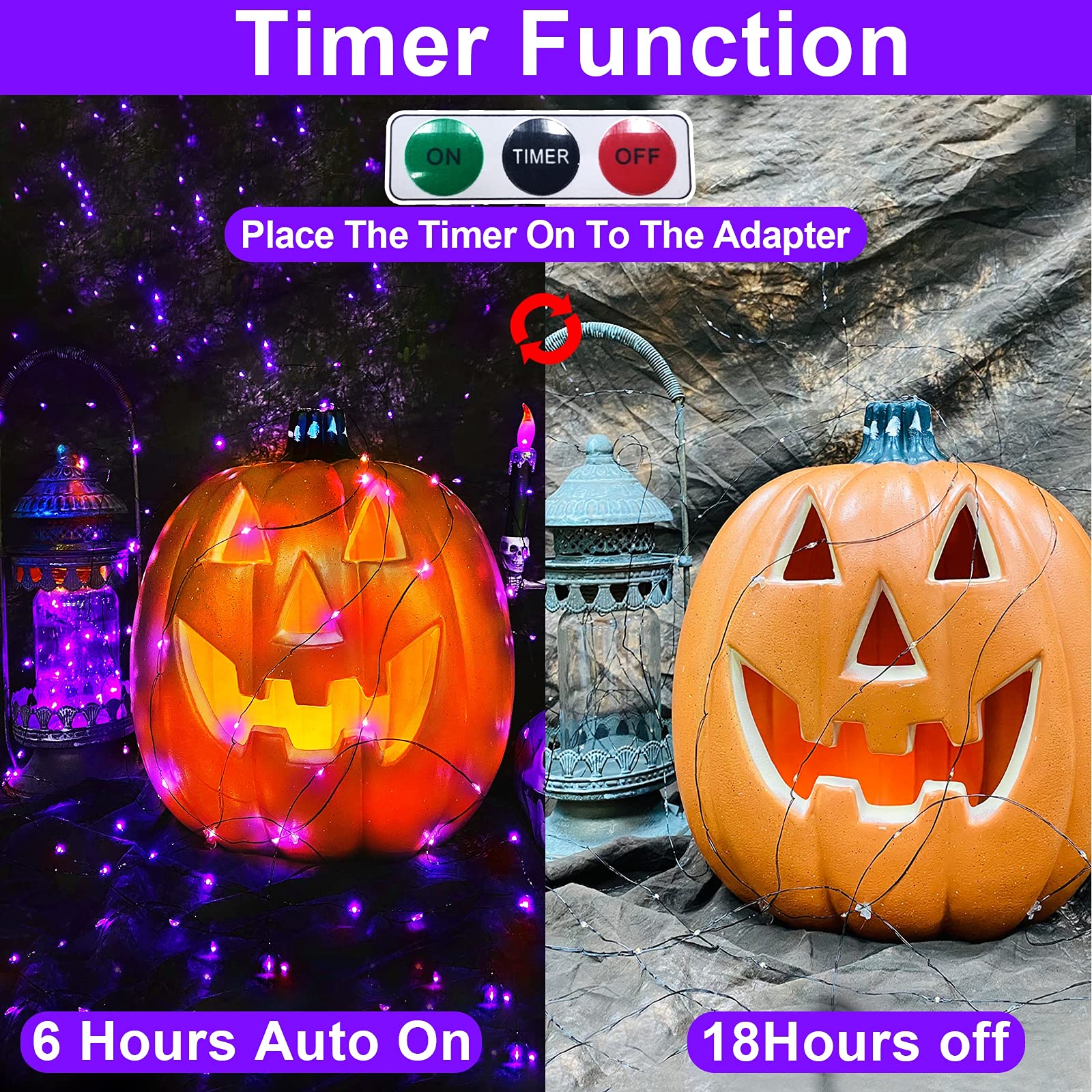 3 Set Halloween String Lights with Timer, Purple Battery Powered Copper Wire Fairy Lights, Halloween Decoration Outside Yard Party Home Indoor Outdoor, 33 Ft 100 LED Each