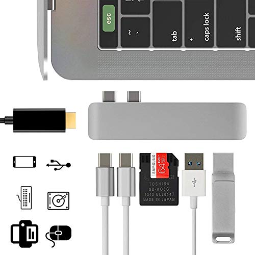 XUNMAIFHB Portable Docking Station,Double Head Type-c HUB to hdmi 4k hub + Card Reader + Type-c Docking Station Lightning 3 Interface Fast Transmission, Silver