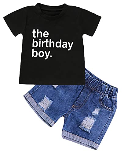 Viworld The Birthday Boy Clothes Baby Boy Short Sleeve Letter Print Shirt Denim Short Pants Cake Smash Outfit Set (Black, 12-18 Months)