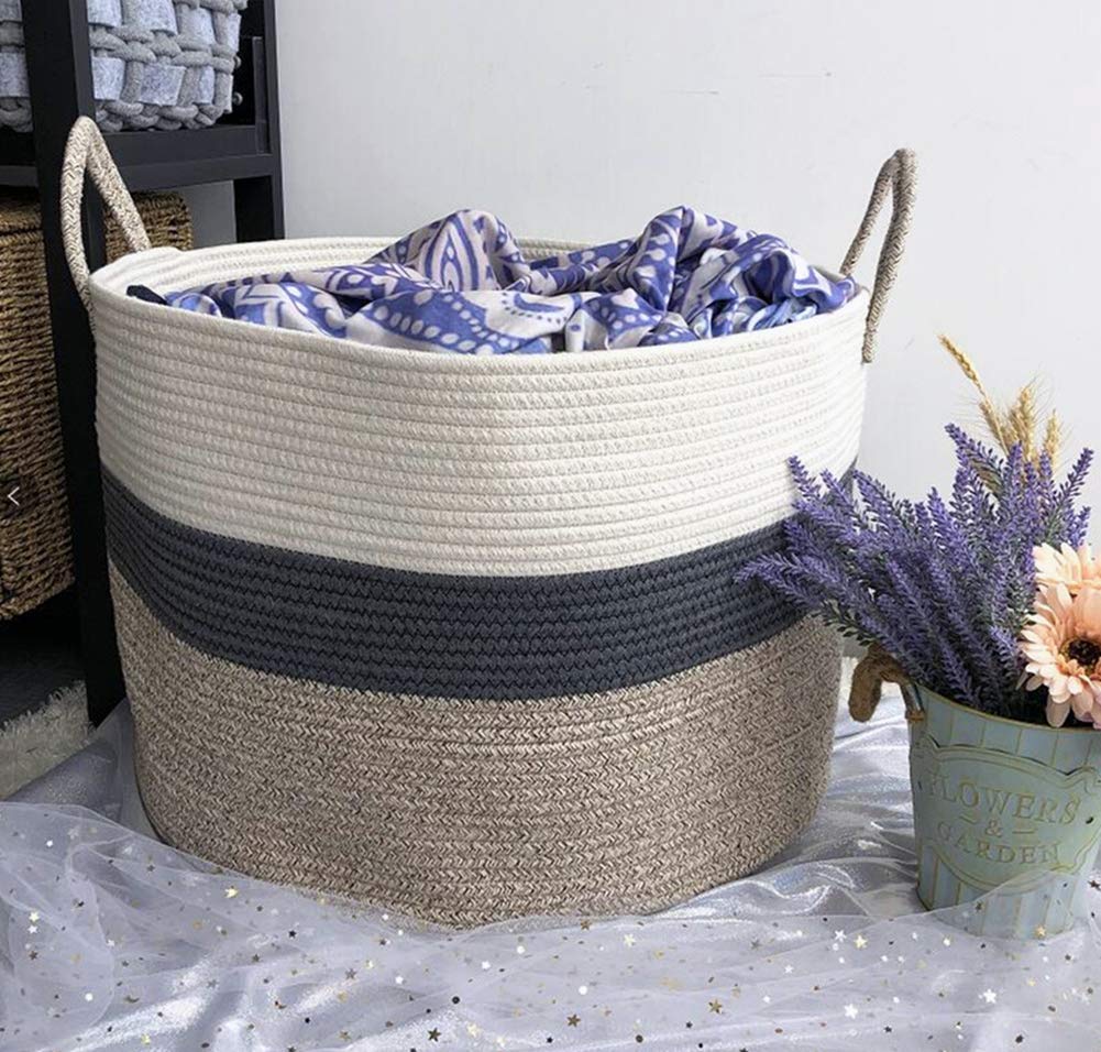 Extra Large Cotton Rope Basket Woven Basket Storage Baby Laundry Hamper with Handles for Nursery Laundry, Clothes, Toys, Blanket, Magazines, Towels, Home Organize Container 21.7" x 21.7" x 13.8"