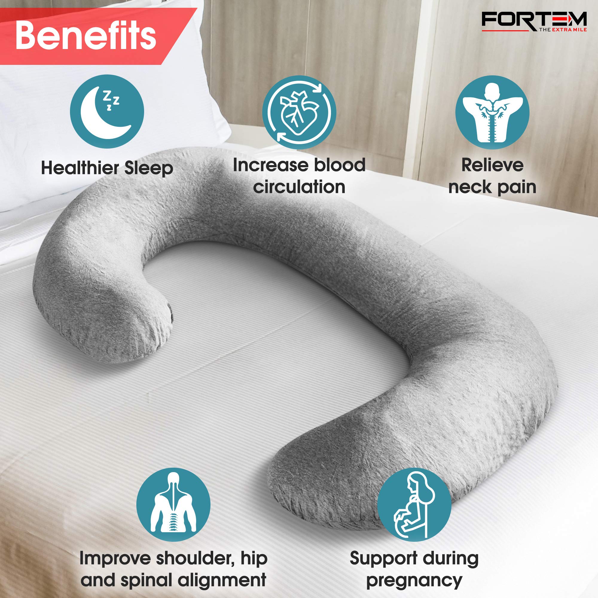 FORTEM Pregnancy Pillow for Maternity, C Shaped Full Body Pillow w/ Knee & Neck Support, Washable Cover
