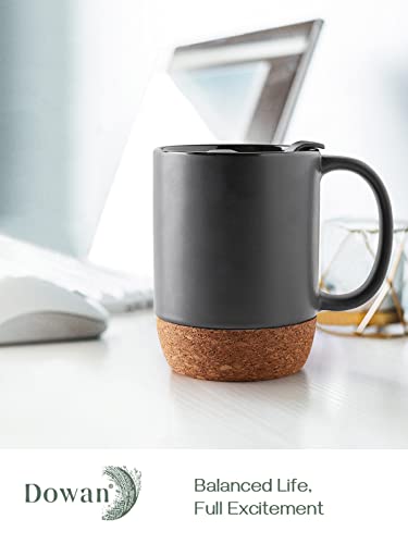 DOWAN Coffee Mugs, 15 oz Mug Set of 2, Large Ceramic Coffee Mug with Cork Bottom and Spill Proof Lid for Men, Women, Big Mug for Coffee Latte, Tea, Gifts for Graduation, Matte Grey