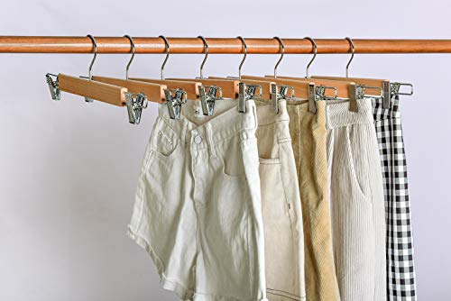 Amber Home 14.17" Solid Natural Wooden Pant Skirt Hangers 10 Pack, Bottom Hangers for Slacks Trousers Jeans with 2-Adjustable Anti-Rust Clips (Natural, 10 Pack)