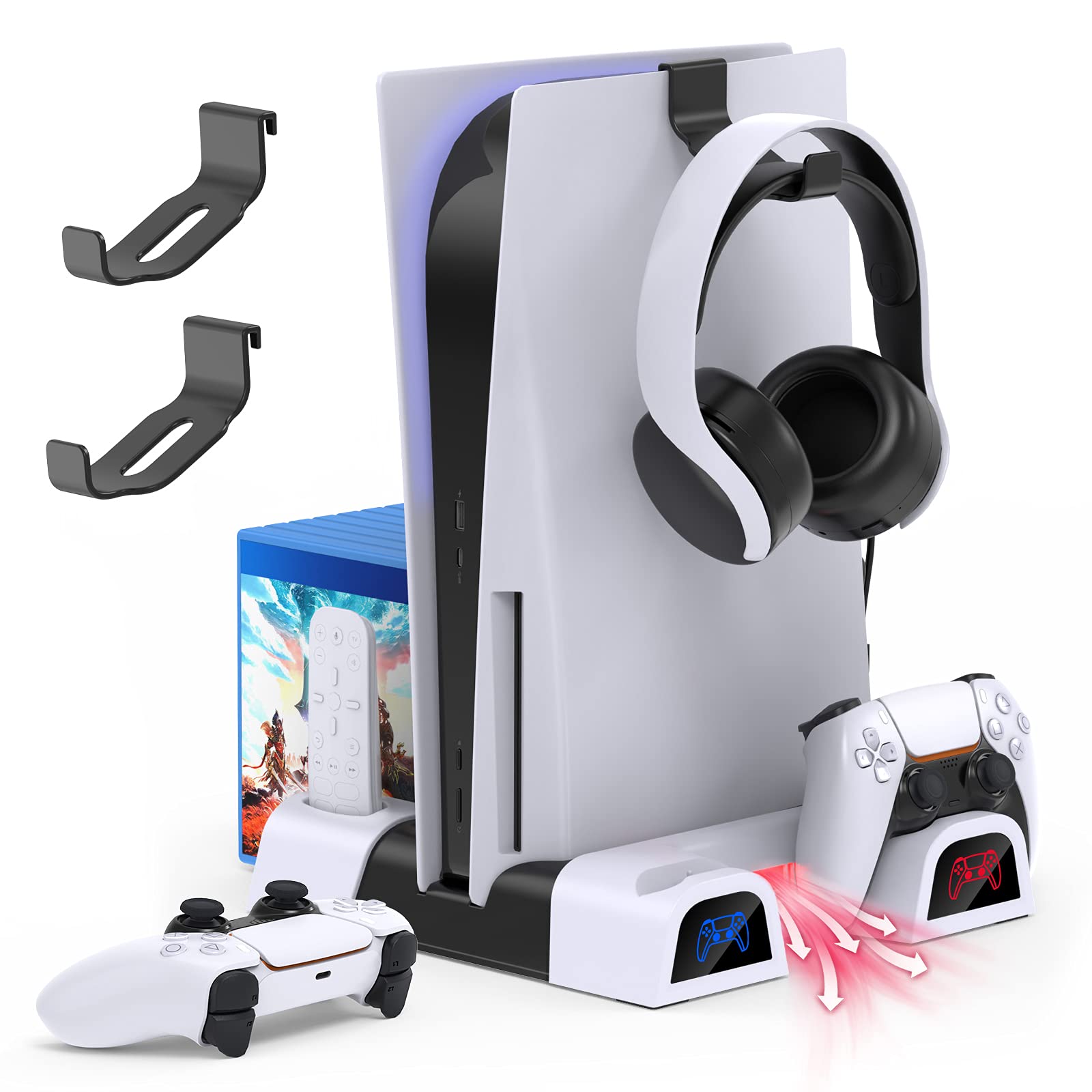 5 in 1 Vertical Stand for PS5/PS5 Digital Edition with Cooling Fan 3 Adjustable Level and Controller Charger Dock Fast Charging with LED Indicator, 2 Holder Hanger, Remote Slot&10 Game Rack Organizer